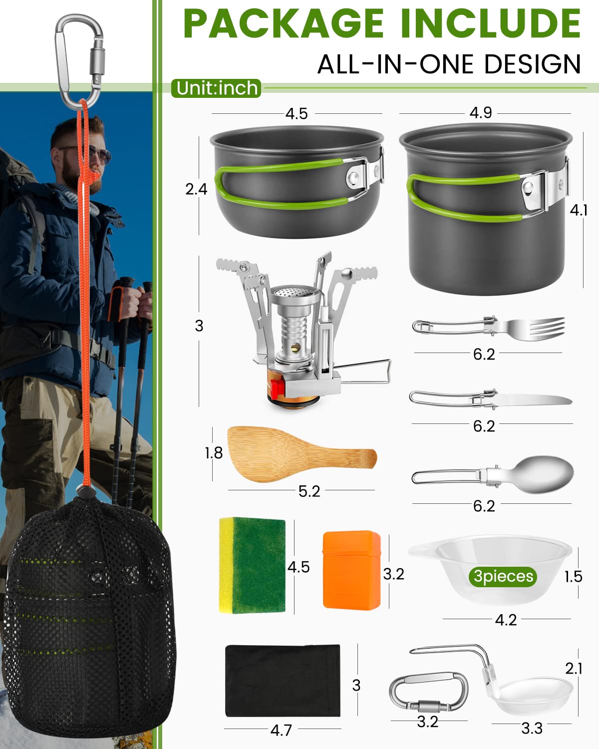 OUOYYO 13PCS Camping Cookware Mess Kit Backpacking Hiking Gear with Camping Stove, Compact Light Camping Accessories Cookware Set - Easy Clean Durable Camping Cookware Set with Stove Pan Pot Bowl