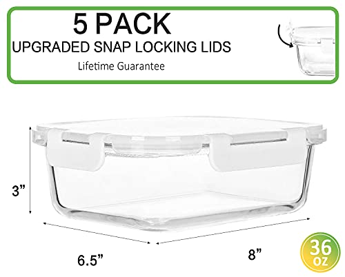 M MCIRCO [5-Packs, 36 Oz.] Glass Meal Prep Containers with Locking Lids Glass Food Containers,Airtight Lunch Container,Microwave, Oven, Freezer and Dishwasher (4.5 Cup, White)