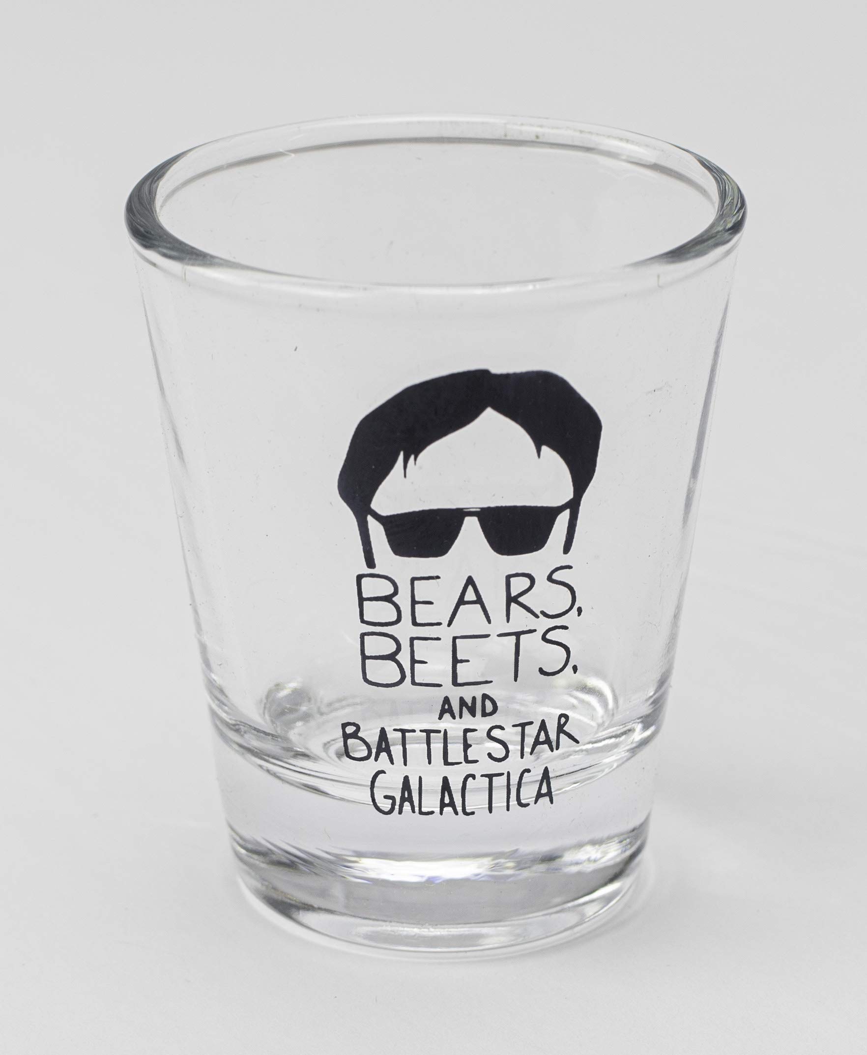 The Office 4 Piece Shot Glass Set (Dunder Mifflin, Prison Mike, Schrute Farms, and Bears, Beets, Battlestar Galactica))