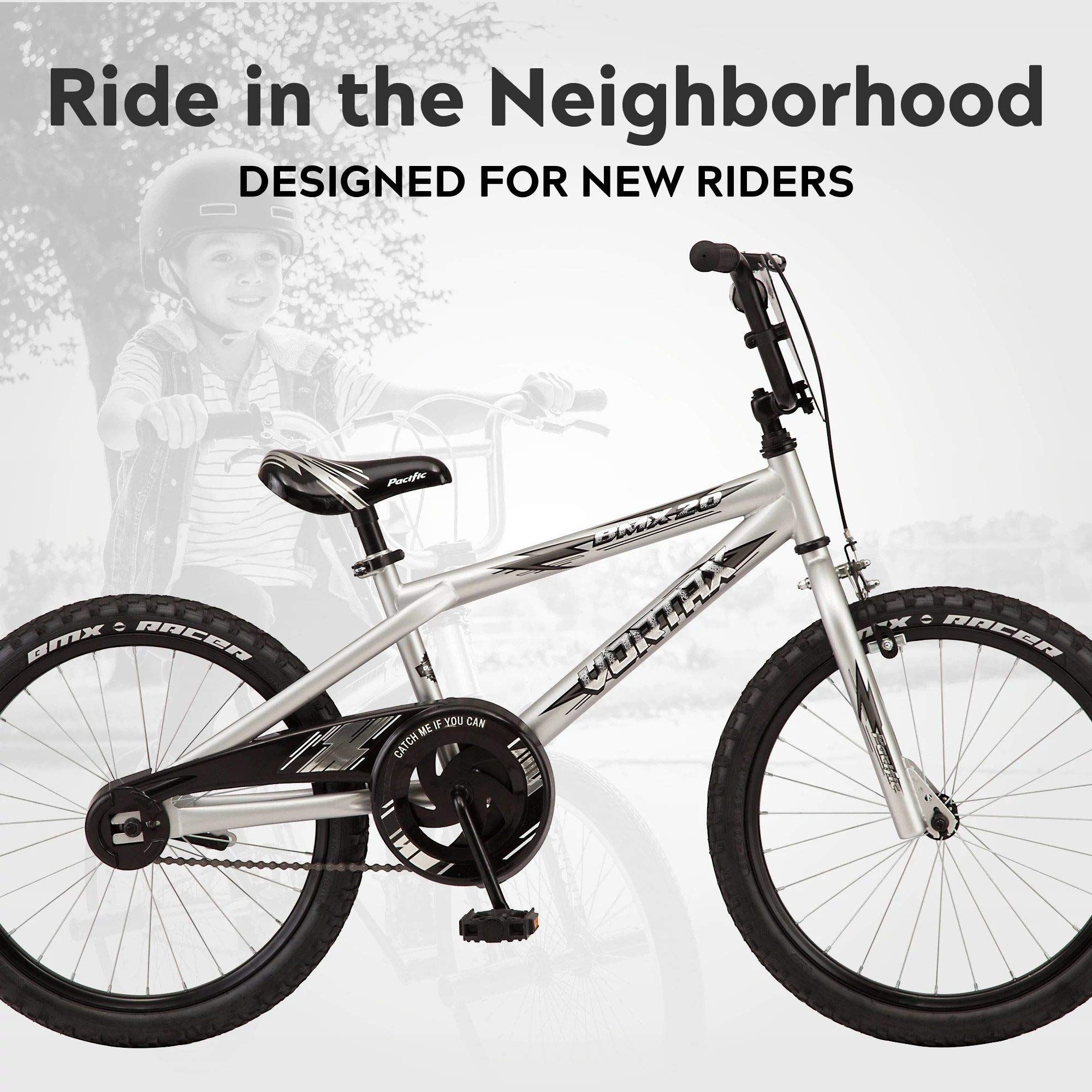 Pacific Vortax BMX Style Kids Bike, for Boys and Girls Ages 6+ Year Old, Single Speed, 20-Inch Wheels, Adjustable Seat, Durable Frame, Coaster and Hand Brake, Silver