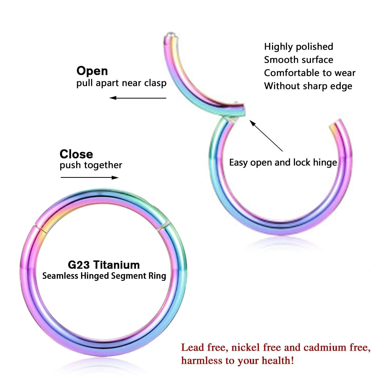 PEAKLINK G23 Titanium 16G Hinged Segment Clicker Nose Ring Hoop Cartilage Earrings Body Piercing 8mm Helix Counch Jewelry