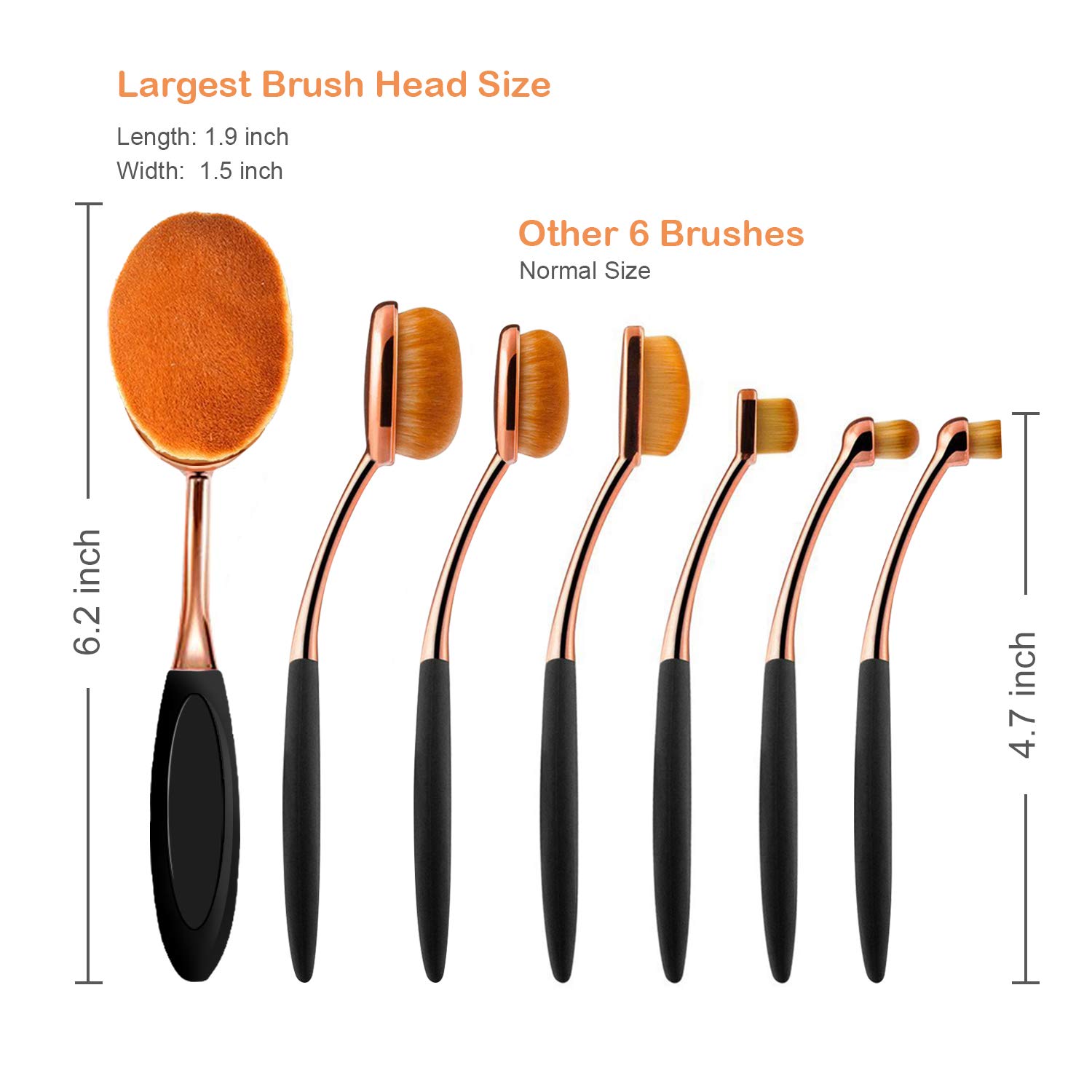 Multi-function Oval Makeup Brushes 7pcs Fashionable Super Soft Toothbrush Makeup Brush Set Face Powder Concealer Foundation Brush (Rose Gold Black)