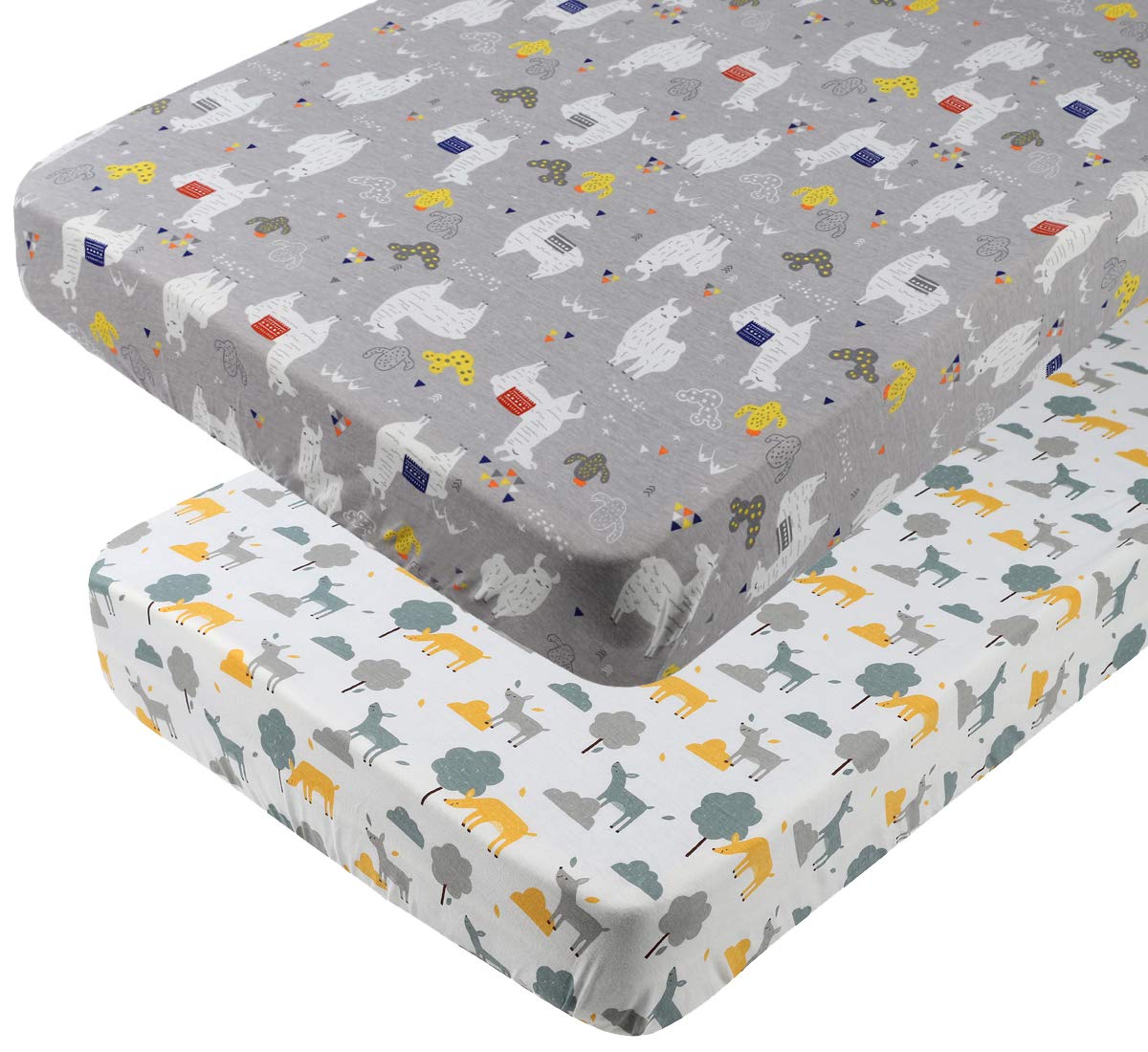 Pack n Play Playard Fitted Sheets 2 Pack Set 100% Jersey Knit Cotton Soft Breathable Portable Mini Crib Mattress Cover for Baby Boy Girl, Llamas and Deers Pattern, White and Grey