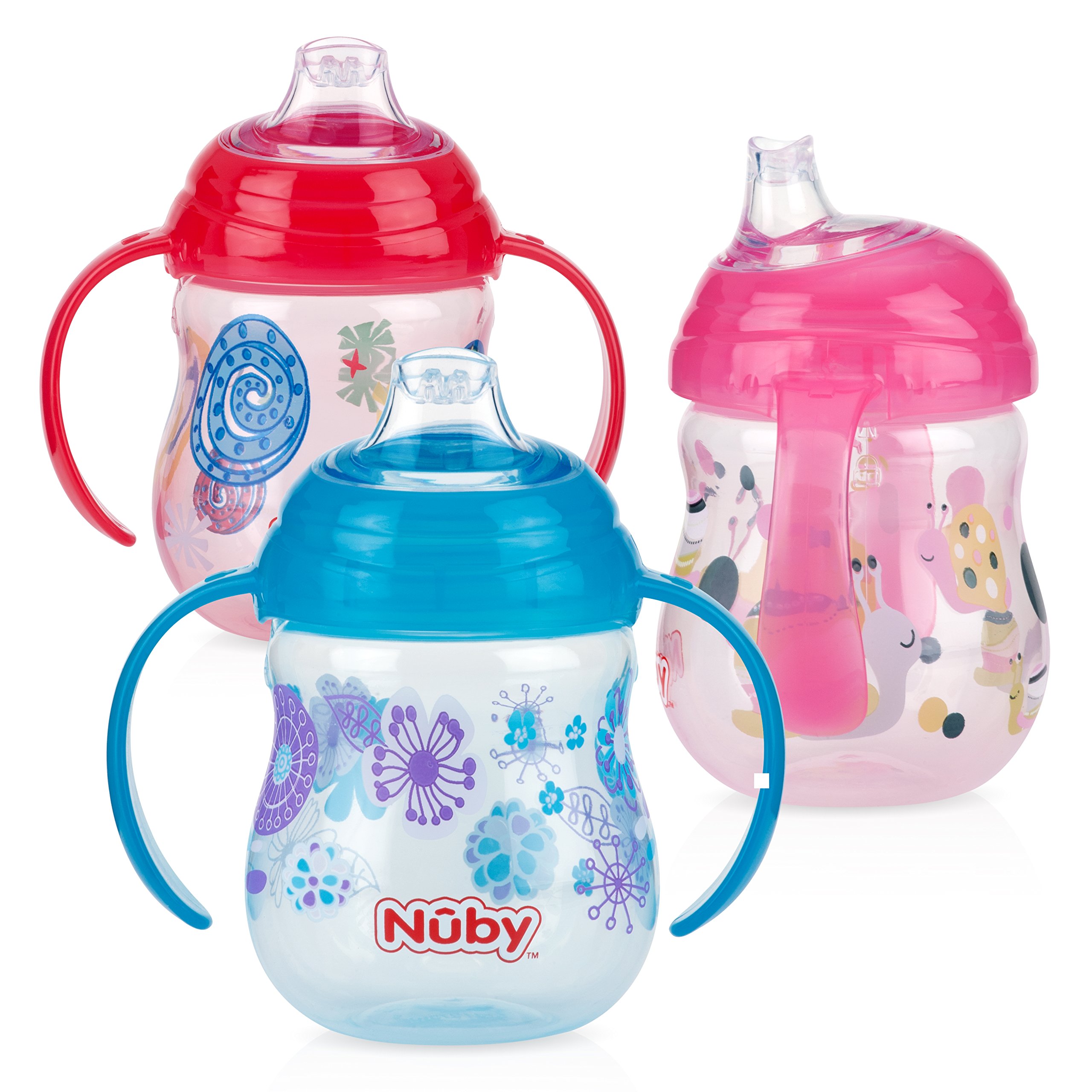 Nuby 3 Piece Grip N' Sip Cup, Pink/Red/Aqua