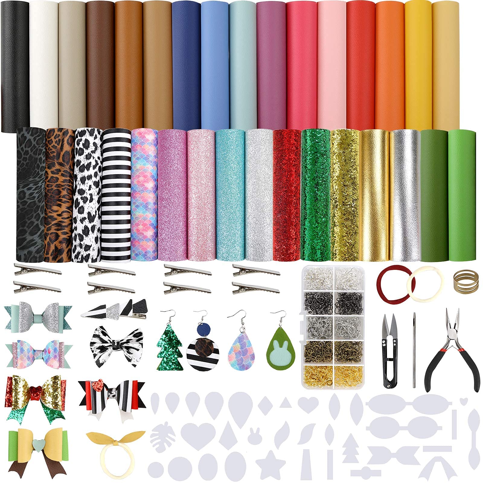 PartyFun 36pcs Leather Earring Making Kit, Including 36pcs 6 Styles of Faux A5 Leather Sheets, 2pcs Templates, Tools for Earrings Craft Making Supplies