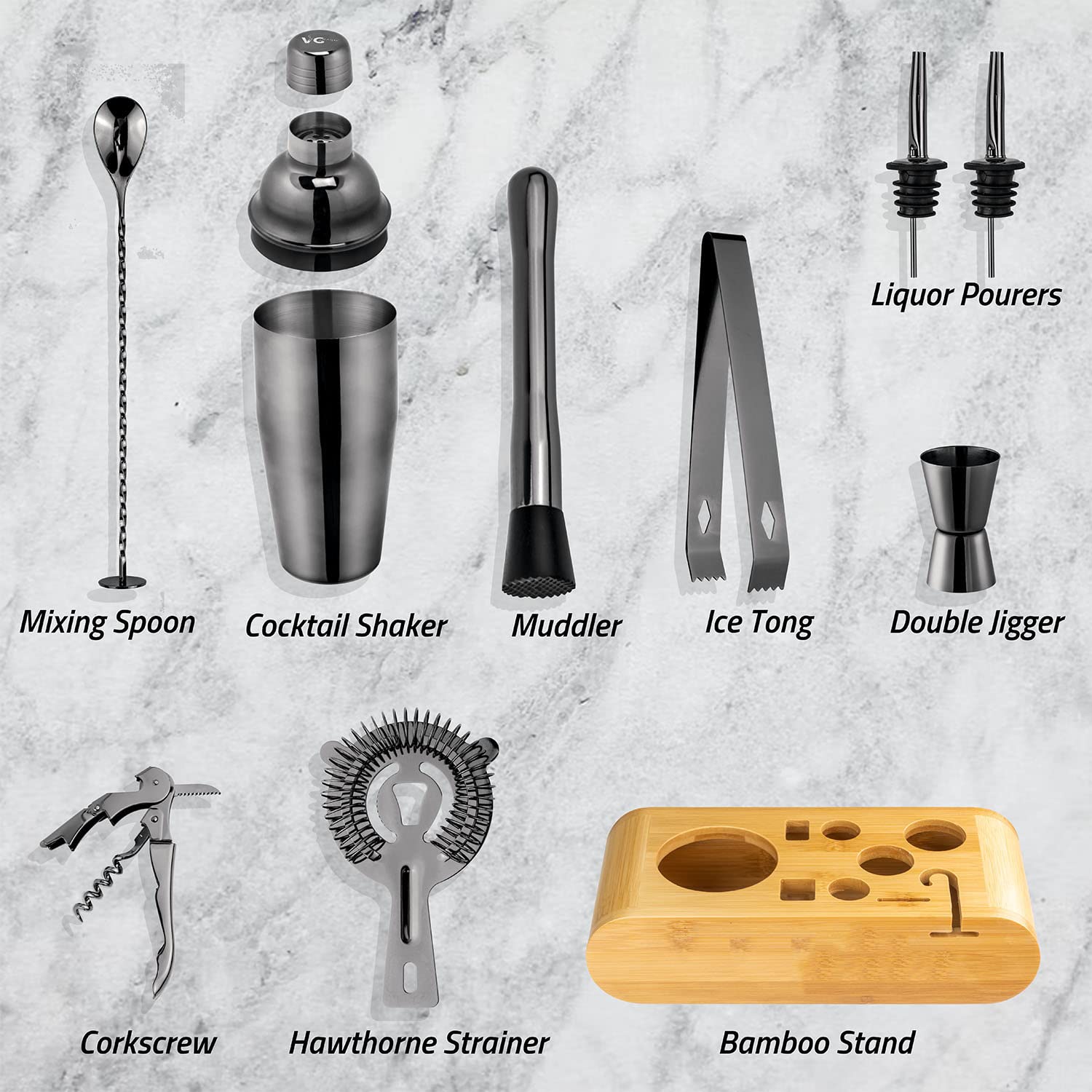 VG Cocktail Shaker Set Bartender kit with Stand, Cocktail Kit Bar Tools Set for Drink Mixer, Bar Cart Accessories for The Home Bar Set (Black)