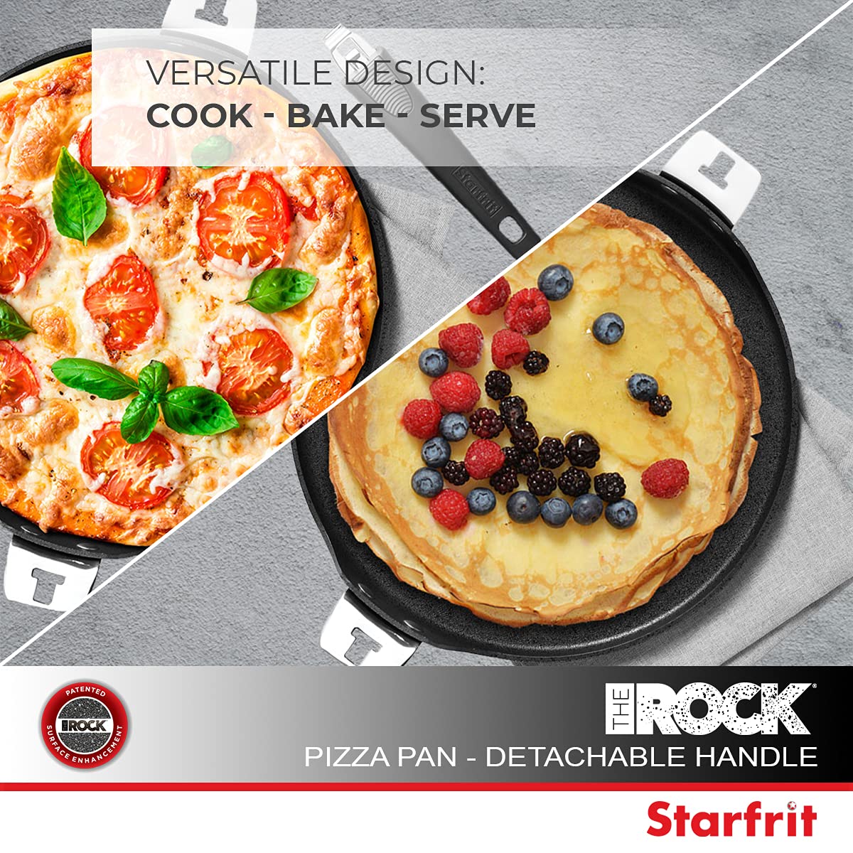 Starfrit ROCK T-Lock 12.5-Inch Pizza Pan/Flat Griddle with Detachable Handle, Normal, Black