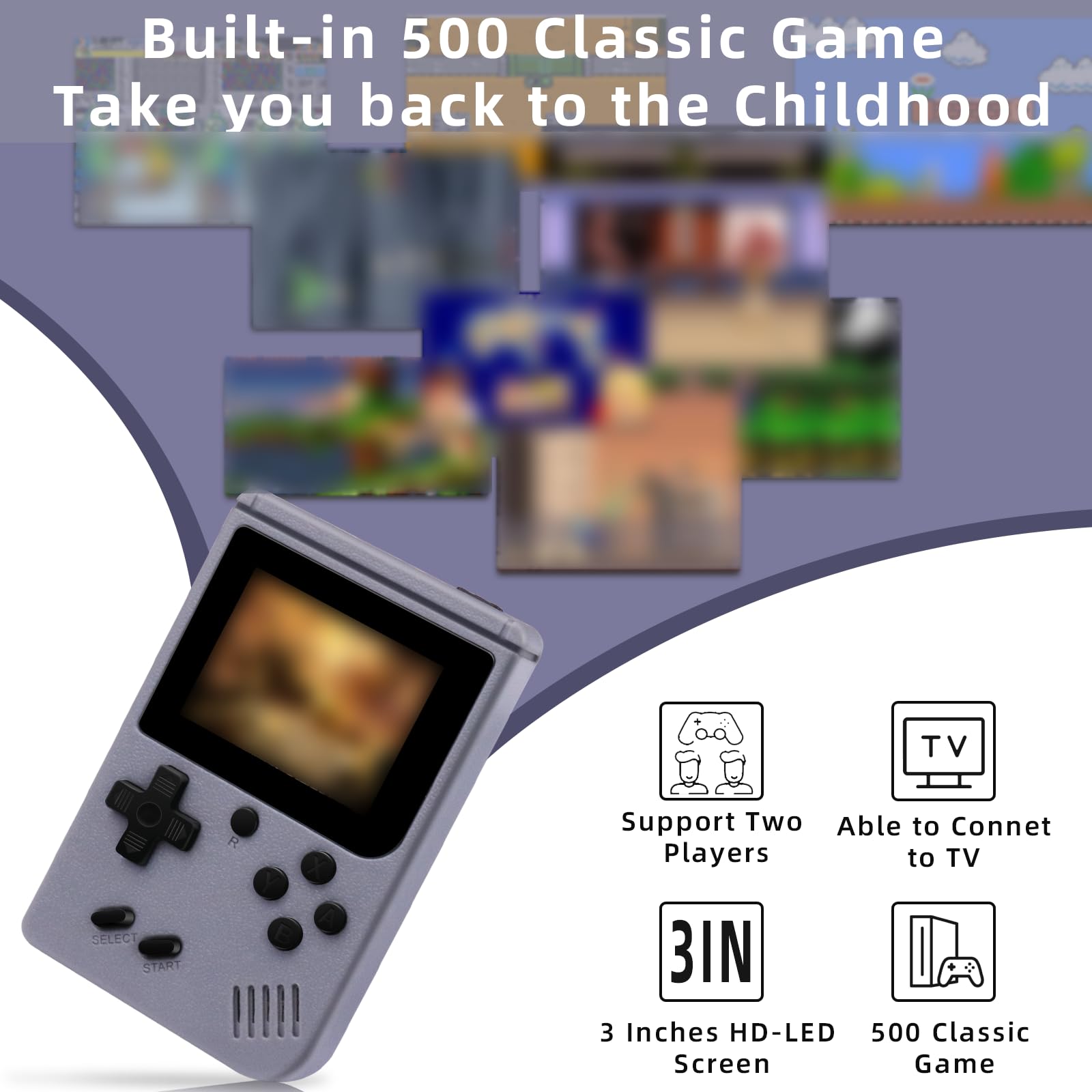 Xunsan Retro Handheld Game Console, 3 inch LCD Screen Portable Video Game Console with 500 Classic FC Games, Support TV Connection & 2 Players Battle, Gift for Kids Adults (Grey)