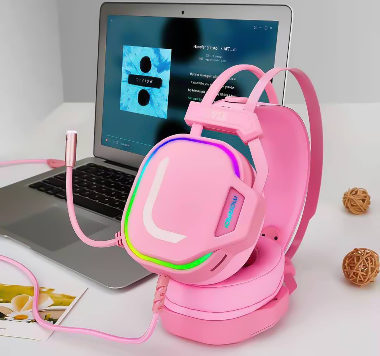 Moddi PC Gaming Headphones, 7.1 Stereo Surround Sound Headset with Noise Cancelling Microphone, USB Plug for Desktop, Computers Pink