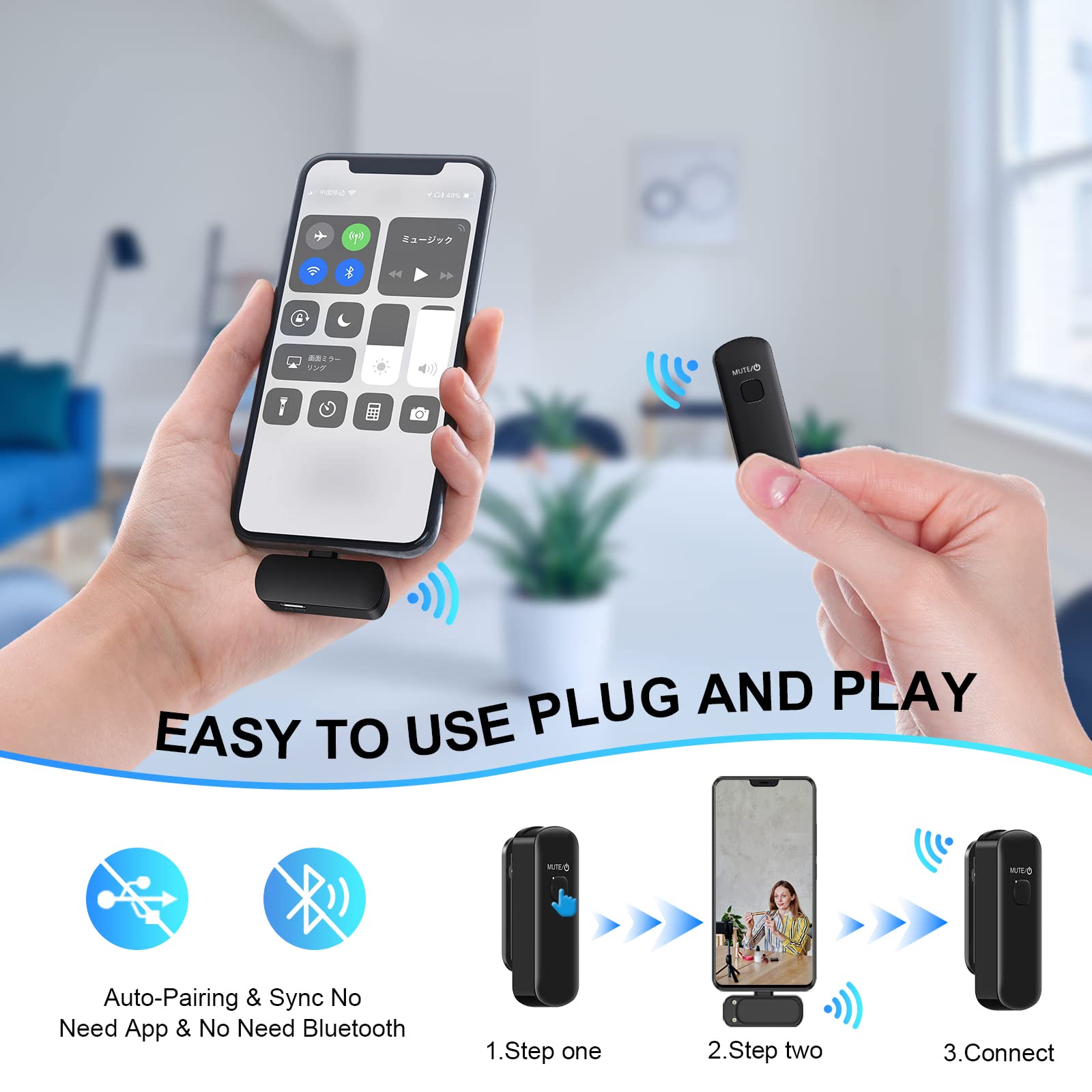 Wireless Lavalier Lapel Microphone Mics Condenser Microphone for iPhone, iPad, Android,Plug-Play 2.4G Ultra-Low Delay Noise Reduction 10H Working Time 230FT for Interview Video Podcast Vlog YouTube