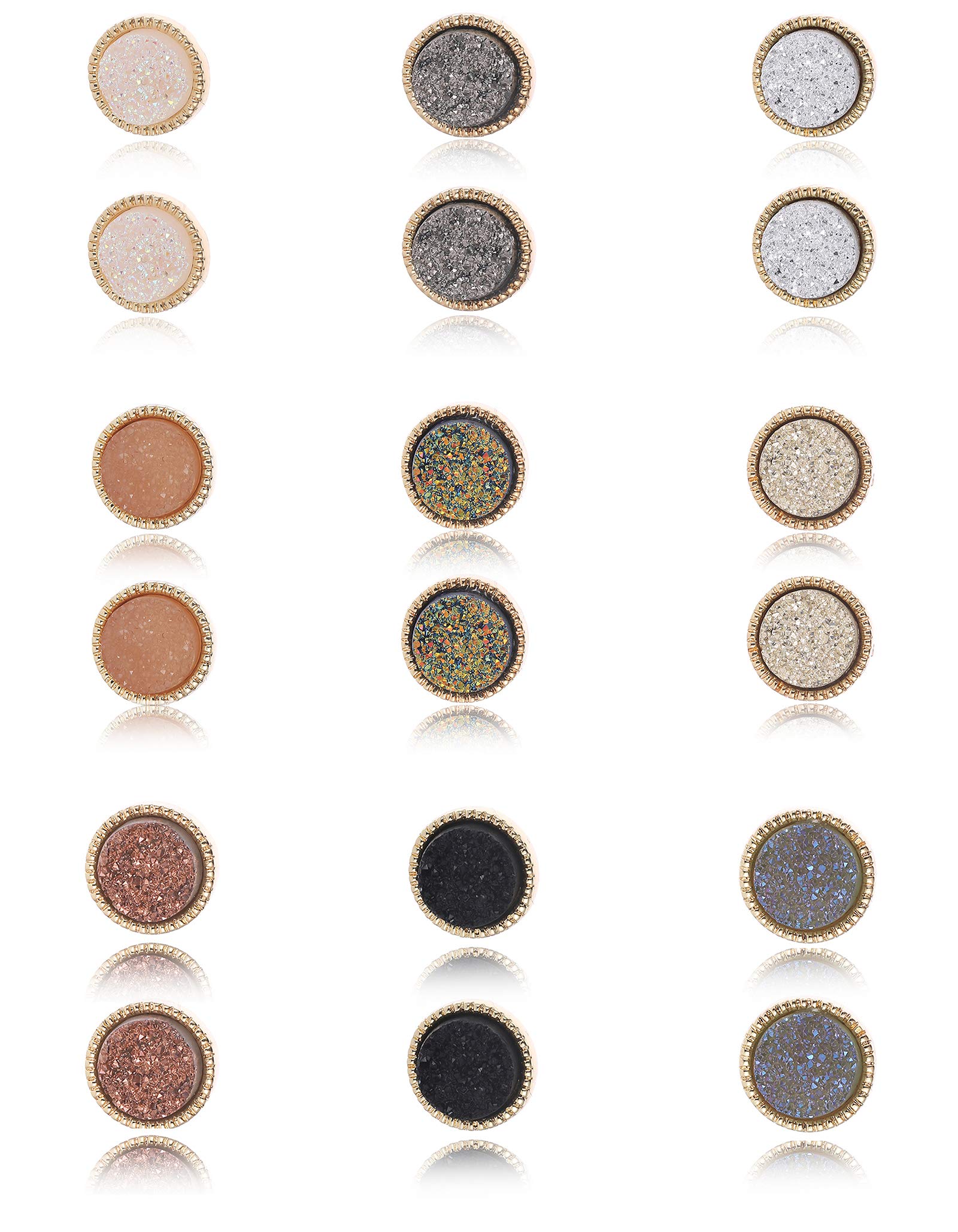 Ofeiyaa 9 Pairs Round Stud Earrings Stainless Steel Cute Druzy Crystal Studs Earrings Pierced for Women Ladies 10mm 20G