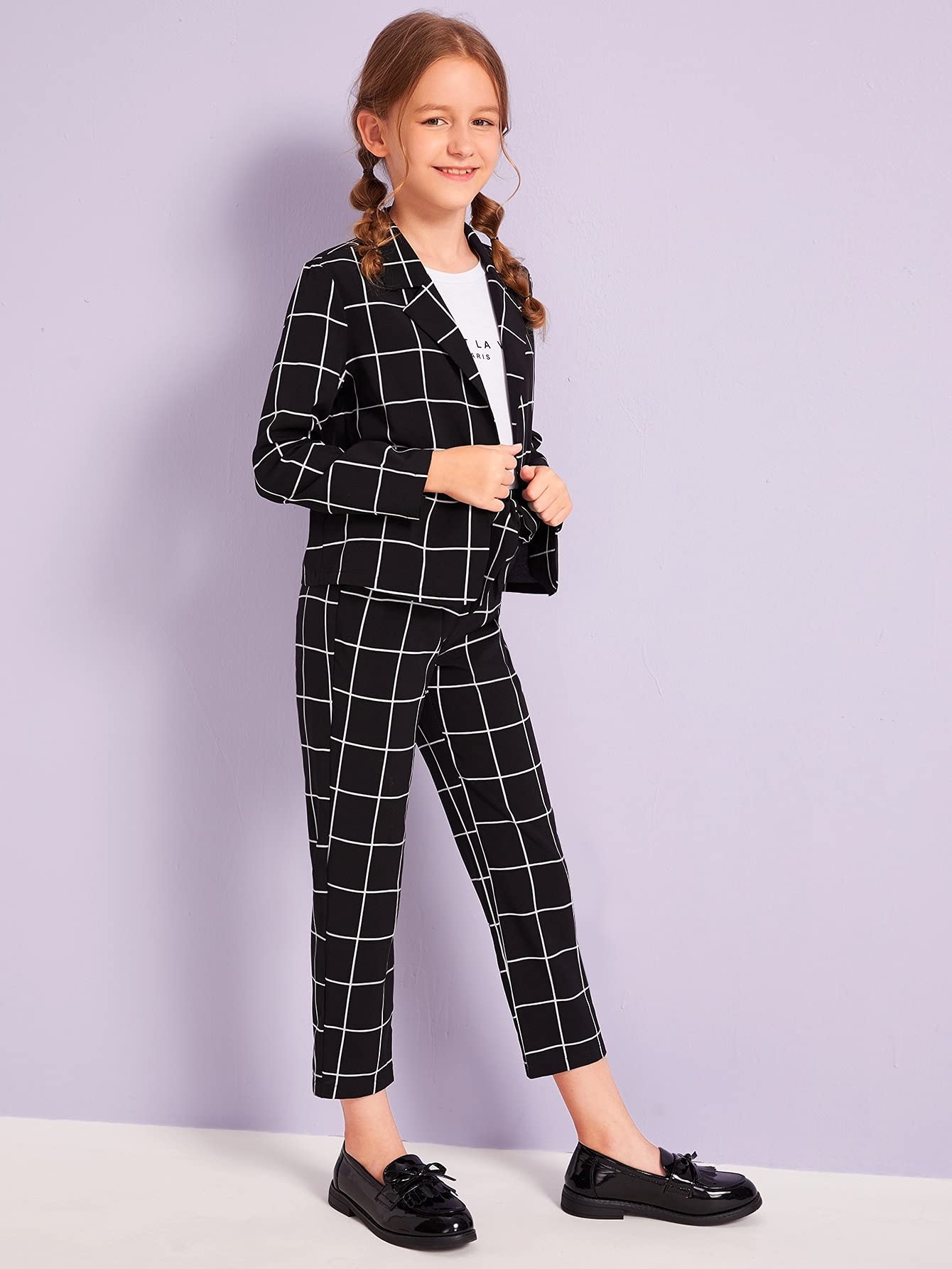 Milumia Girl's Two Piece Outfit Plaid Open Front Blazer and Pants Set Black 9 Years