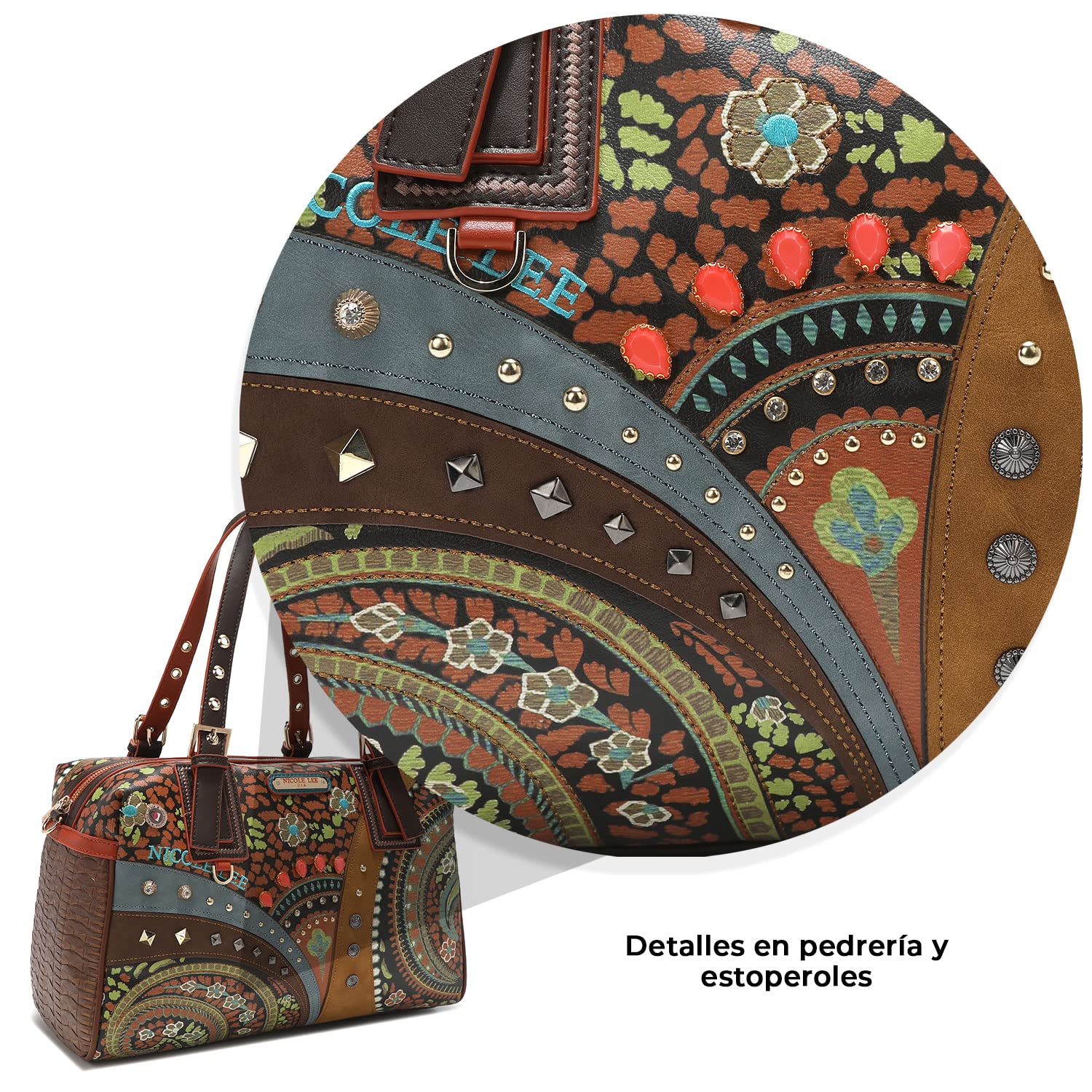 Nicole Lee Vintage Style Paisley Brown Boston Bag, Medium Embellished Shoulder Bag with Adjustable Straps