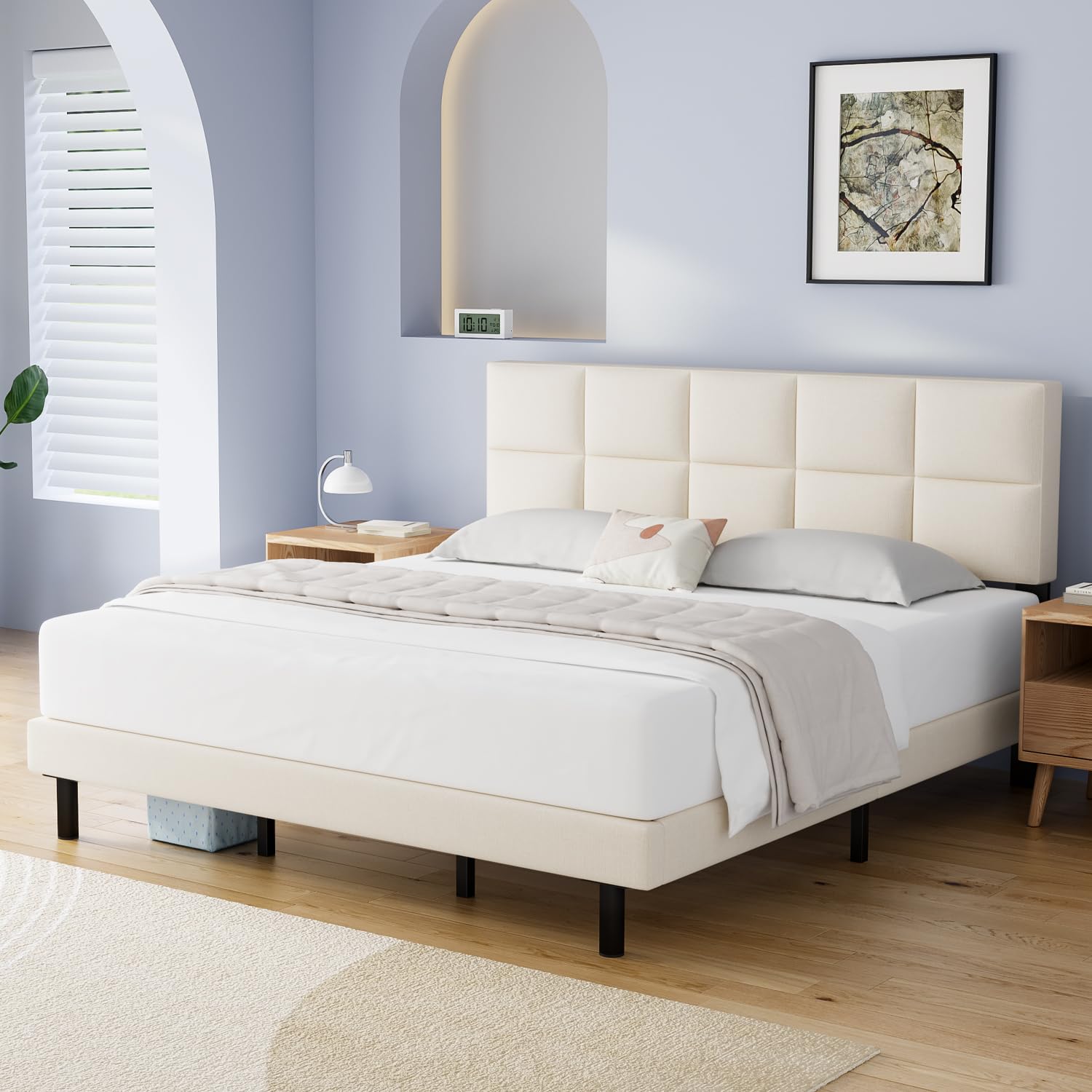 Molblly King Size Bed Frame with Upholstered Headboard, Strong Frame, and Wooden Slats Support, Non-Slip, and Noise-Free, No Box Spring Needed, Easy Assembly, Dark Grey