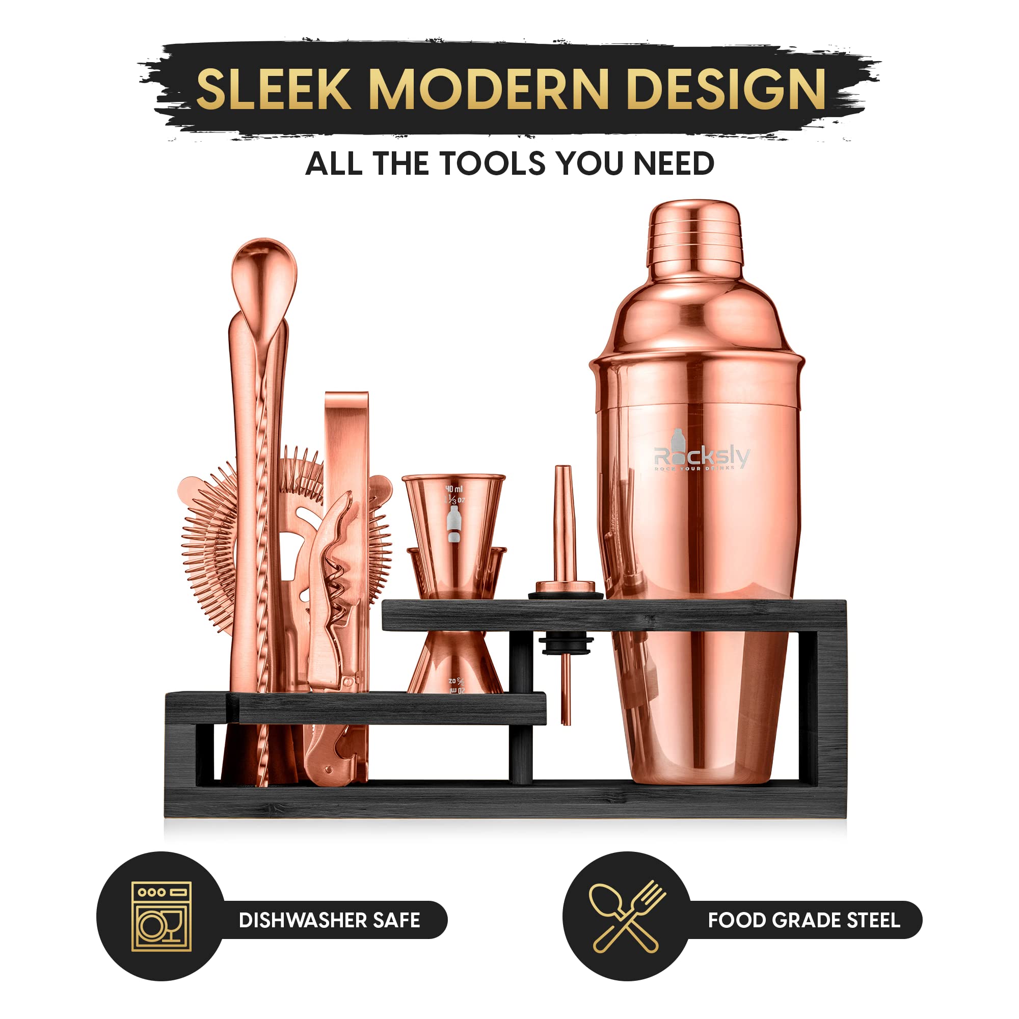 ROCKSLY MIXOLOGY BAR Set Premium Bartender Kit, Rectangular Tool Stand, Cocktail Shaker Strainer, Jiggers, Spoon, Tongs, Muddler, Pourers, Opener 10 Pc