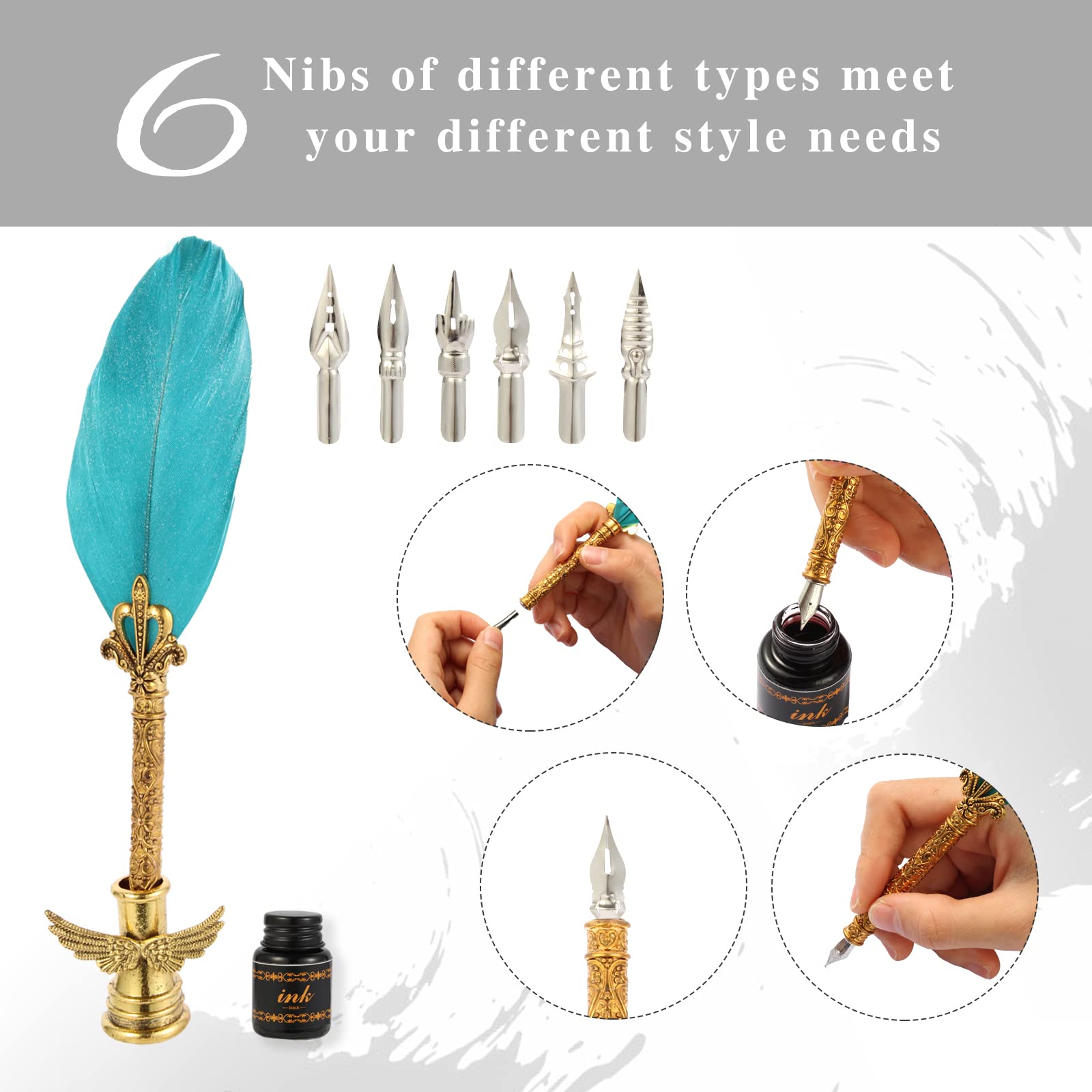 Ncesete Vintage Quill Pen and Ink Set, Includes Calligraphy Feather Dip Pen, Leather Notebook, 6 Replacement Nibs, Wax Beads, Seal Stamp Penholder, Spoon, Wax, Ink, Gift for Beginners Writing Drawing