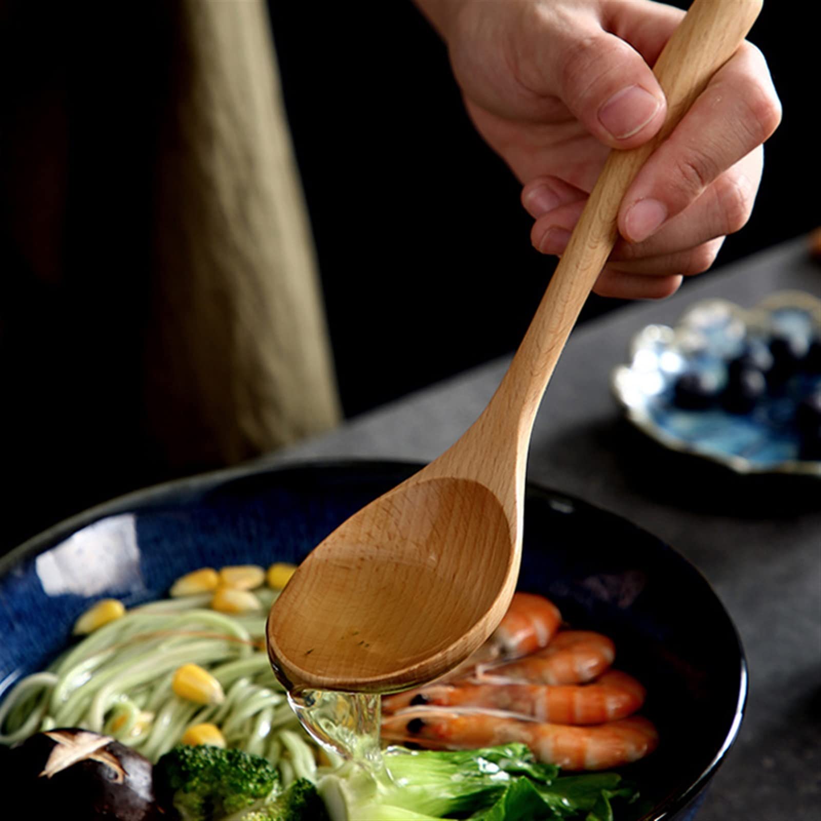 MABSSI Wooden Spoon Large Soup Spoon Long Handle Wooden Large Kitchen Serving Spoon Set Wooden Cutlery Cutlery