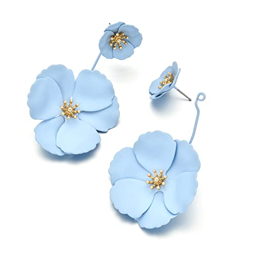 Metal Poppy Flower Dangle Earring- Matte Painted Dual Flower Floral Petal Tiered Drop for Women