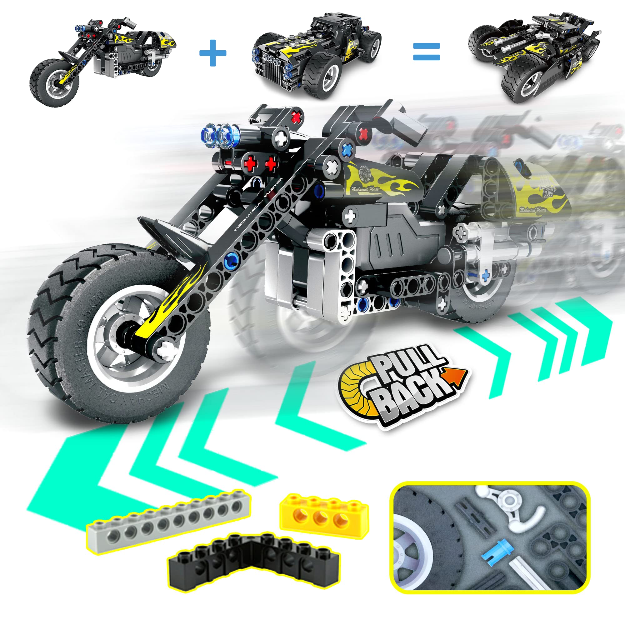UNIQUE KIDS STEM Toy Building Kits - Motorcycle Kits & Off-Road car Kits Pull Back System Mergeable 2 in 1 System for 6,7,8,9+ Years Old Boys and Girls (Cool Motorcycle)