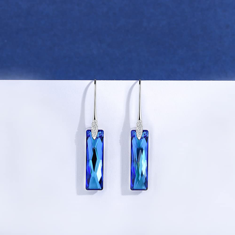 Queen Baguette Crystal Drop Earrings For Women Sterling Silver Wedding Party Jewelry Handmade Accessories (Bermuda Blue)