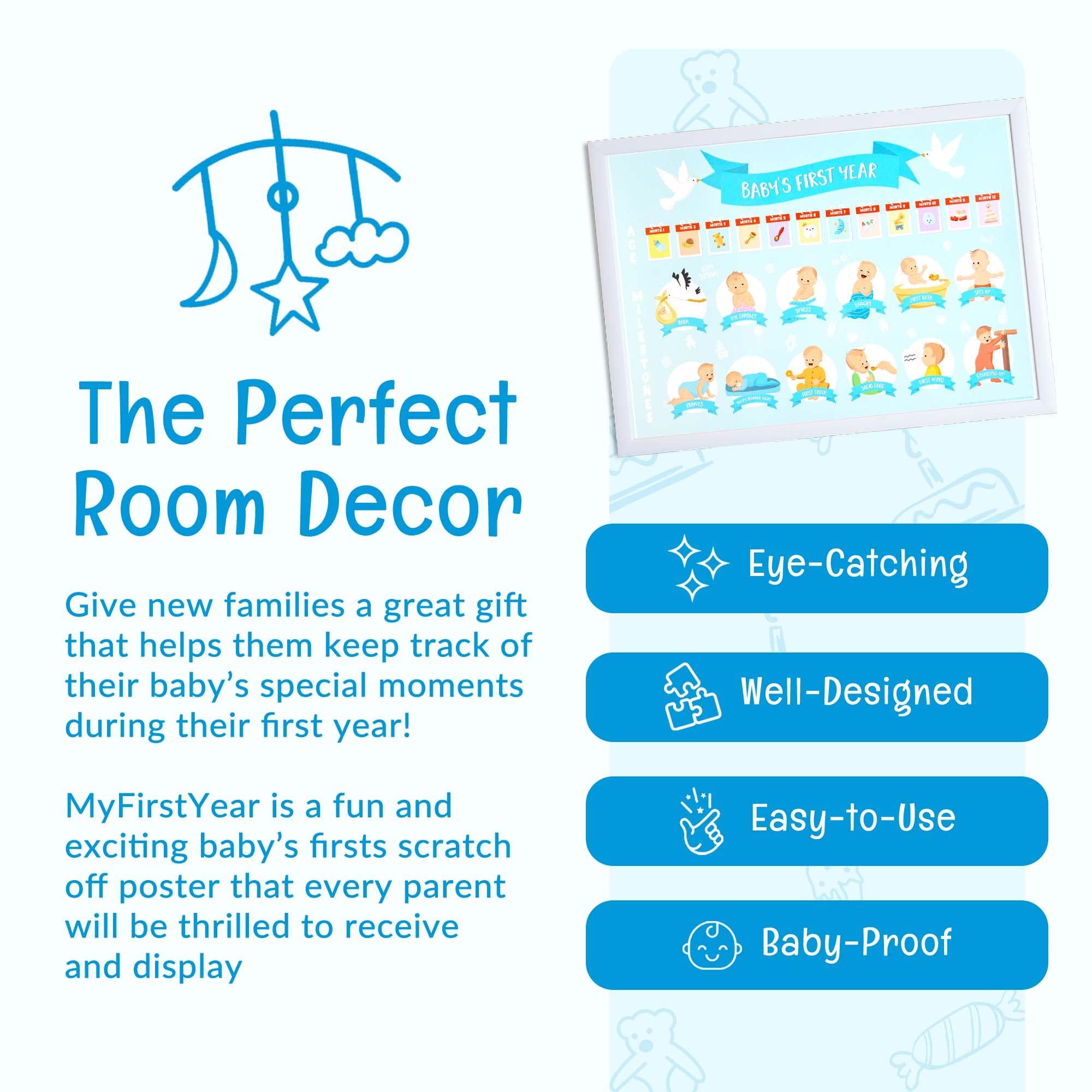 MyFirstYear Interactive Milestone and Age Tracking Poster for Babies, Scratch-Off Wall Poster for Newborns, Fun Nursery Decor, Must-Have Baby Essentials Poster, Blue