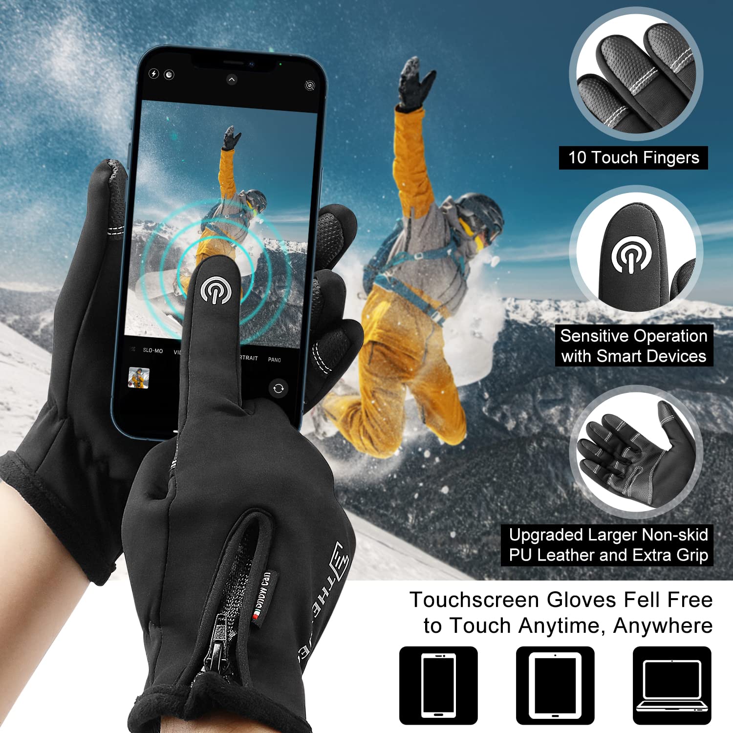 Tsuinz Winter Gloves,Waterproof Gloves for Women Men with Touchscreen Fingers,Anti-Slip Windproof Warm Cold weather Leather Gloves