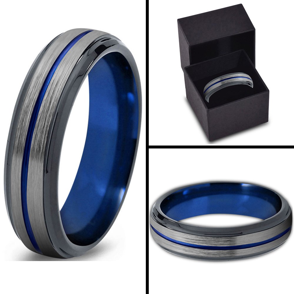 P. Manoukian Tungsten Carbide Wedding Band Ring 6mm for Men Women Blue Interior Blue Center Line Step Bevel Edge Black Grey Brushed Polished Comfort Fit Anniversary Size 6.5