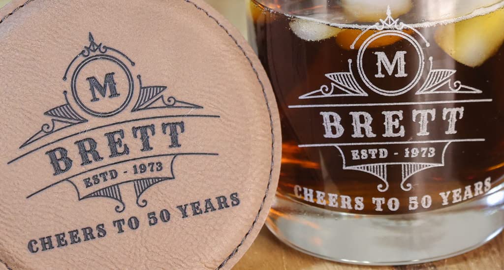 Personalized Whiskey Glass with Matching Custom Coaster - Custom Engraved Whiskey Glasses for Men 50th Birthday Gift for Whiskey Drinker Personalized Bar Accessories