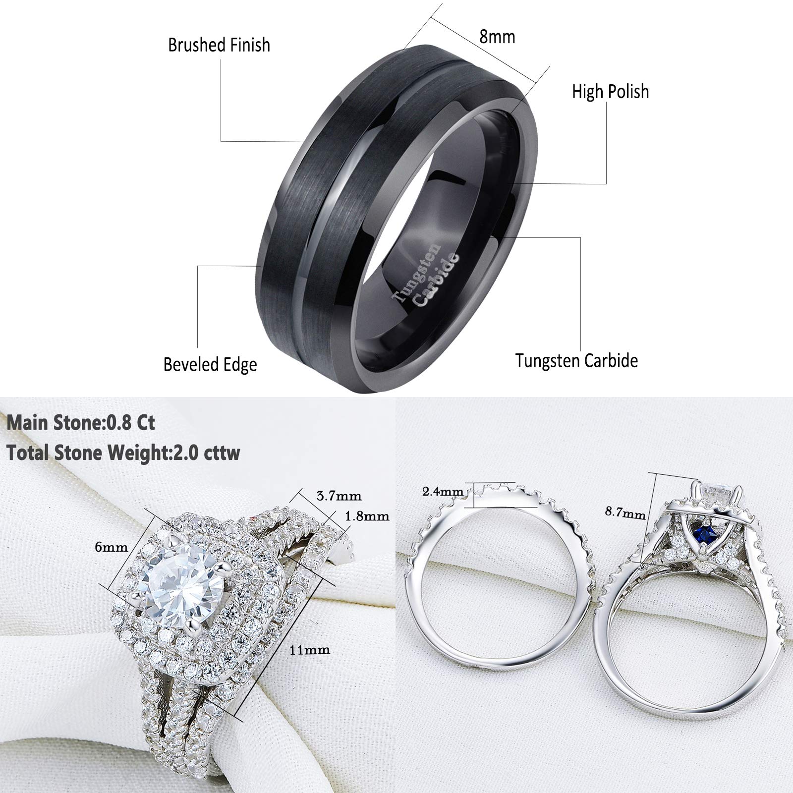 Newshe Wedding Rings Set for Him and Her Women Mens Tungsten Bands Cz 925 Sterling Silver Black 10&8