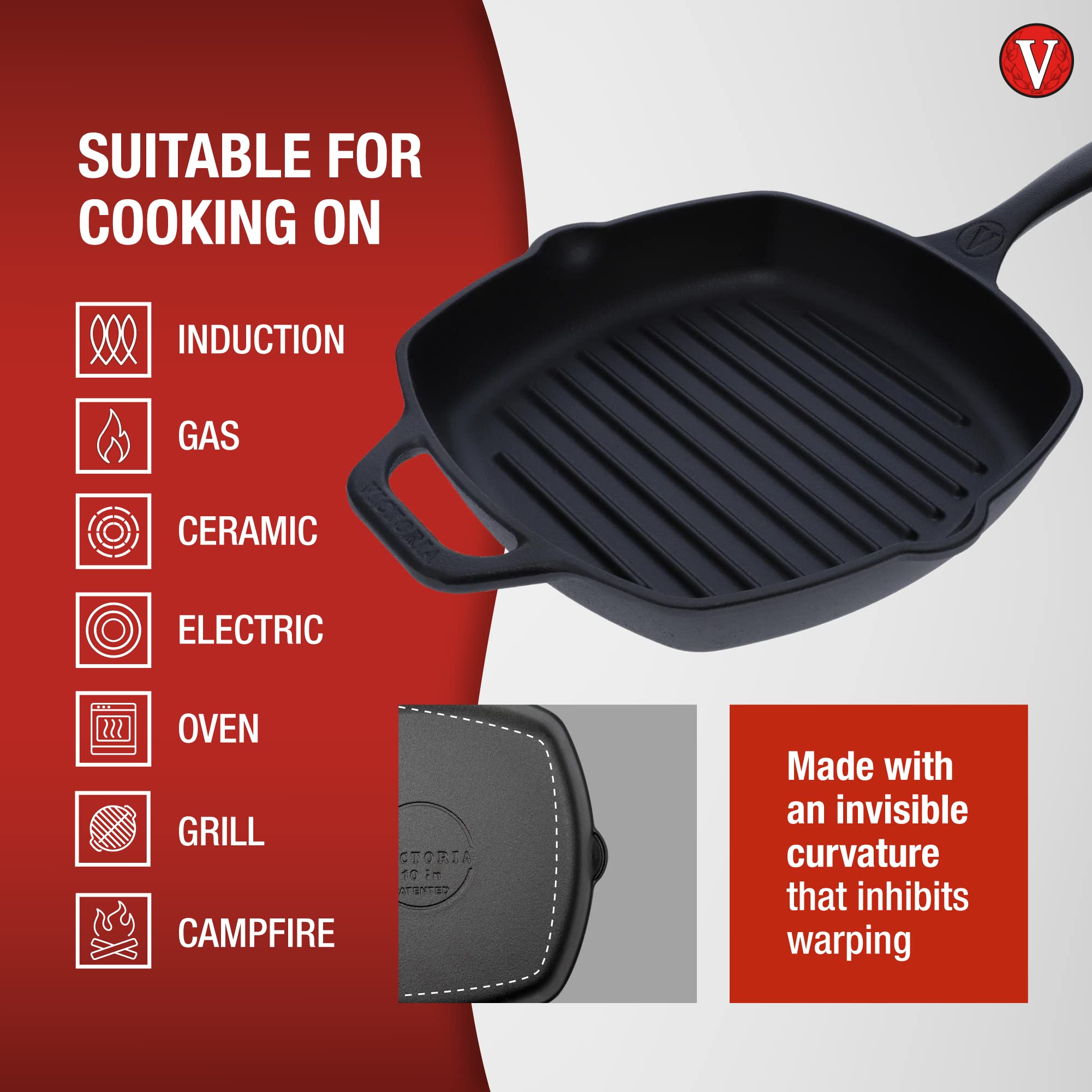 Victoria Cast Iron Grill Pan. Square Grill Pan, Seasoned with 100% Kosher Certified Non-GMO Flaxseed Oil, Black