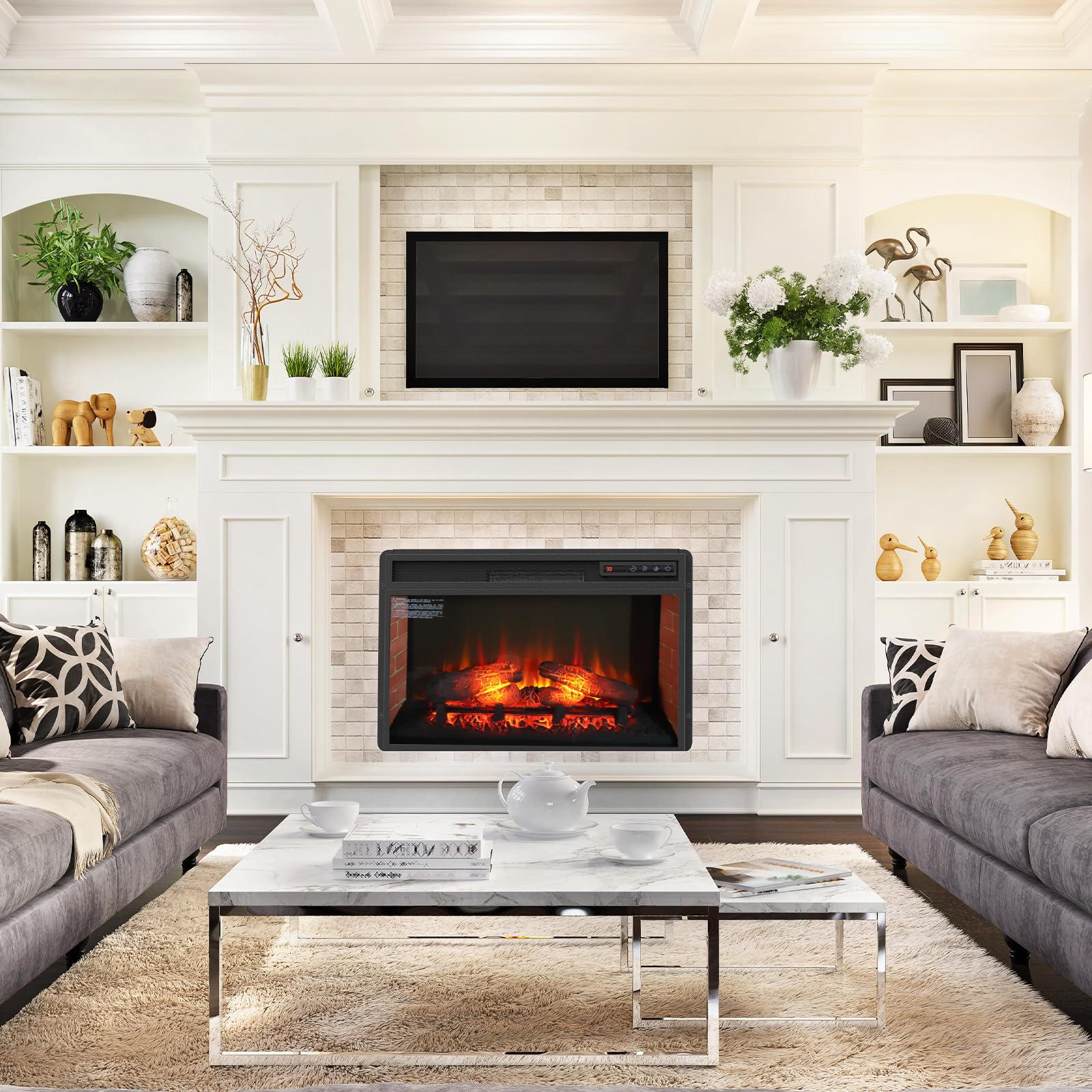 ROVSUN 26" Recessed Electric Fireplace Insert w/Remote Control Timer Adjustable Space Heater FireBox, 3 Flame Brightness, Two Side Built-in Wall Tiles Logs,CSA Listed(Black)