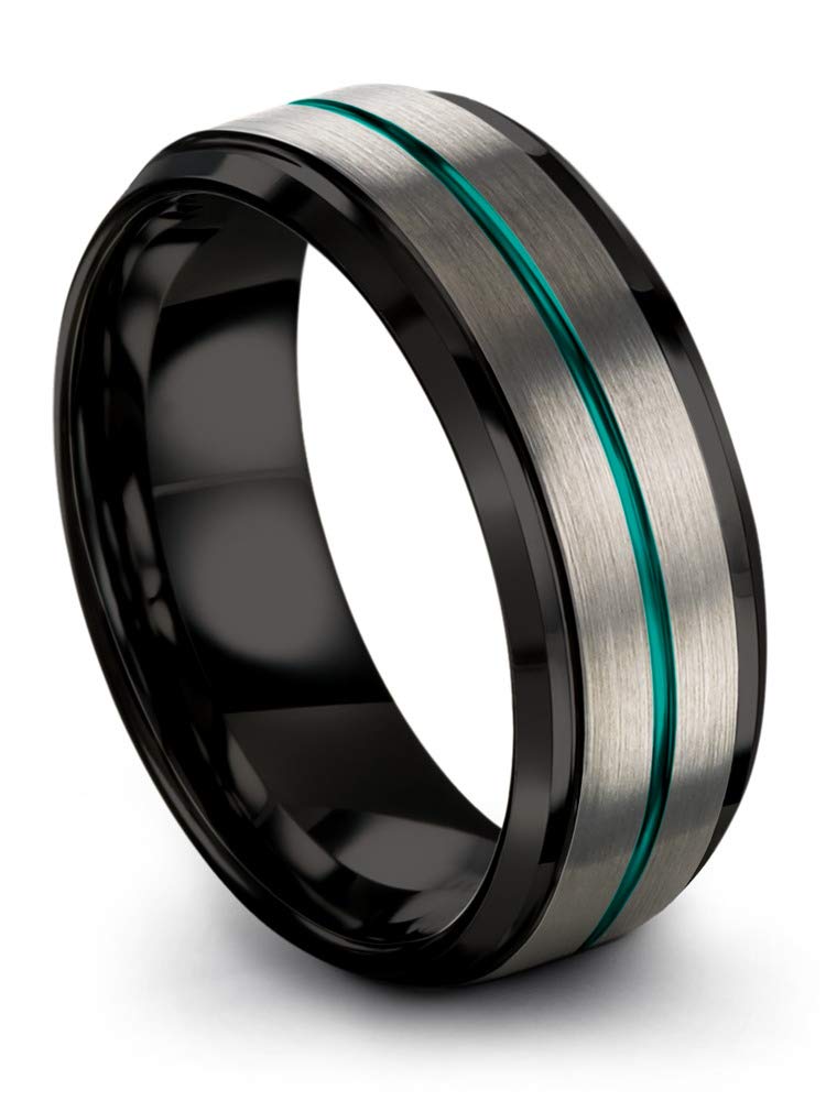 P. Manoukian Tungsten Carbide Wedding Band Ring 8mm for Men Women Teal Center Line and Black Interior with Step Beveled Edge Brushed Polished Comfort Fit Anniversary Size 13