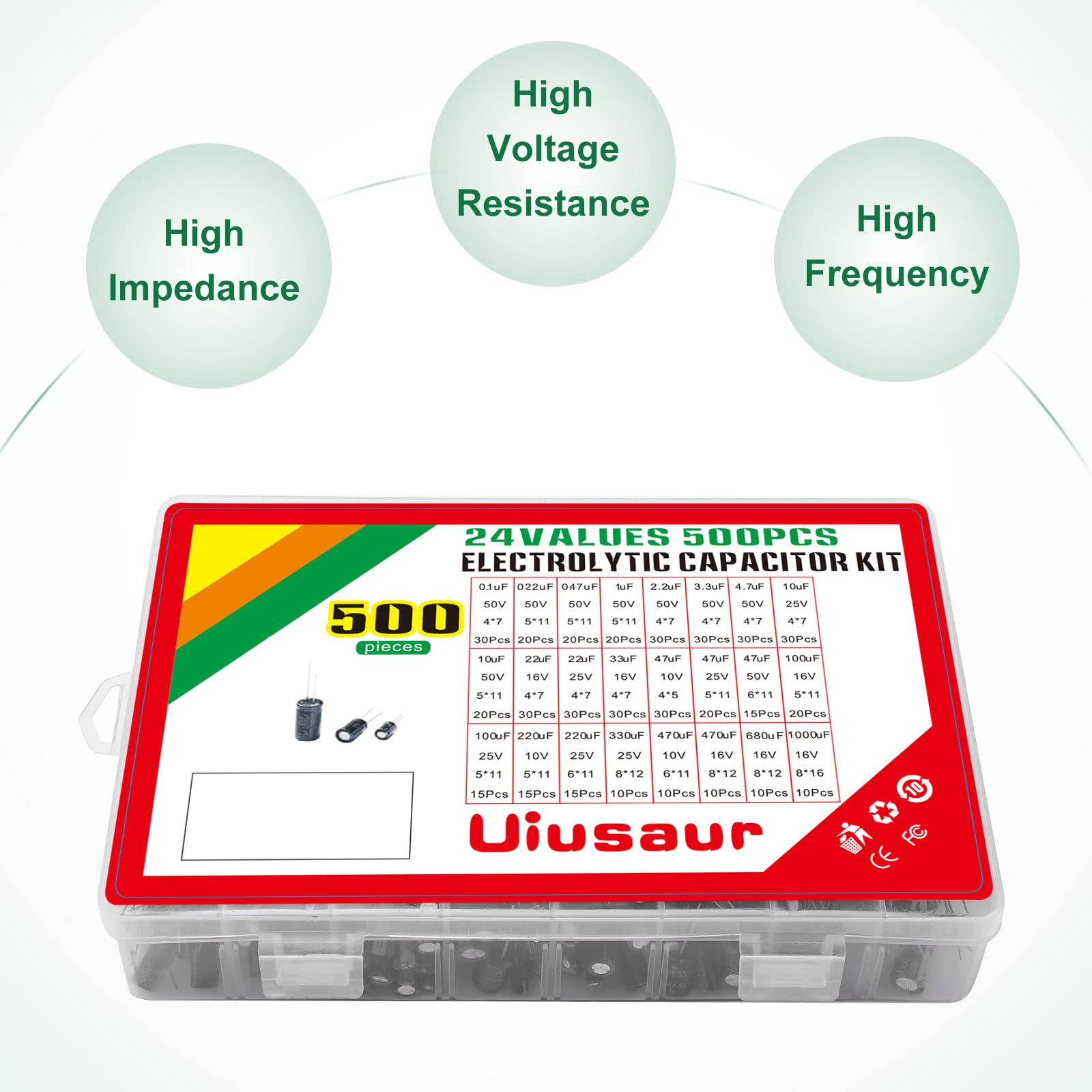 Uiusaur 0.1uF-1000uF Capacitors 24 Value 500pcs Individual Box Lid Electrolytic Capacitor Assortment Kit for Industrial Electrical and Arduino,TV, LCD Monitor, Radio, Stereo, Game, Water Heater, etc.