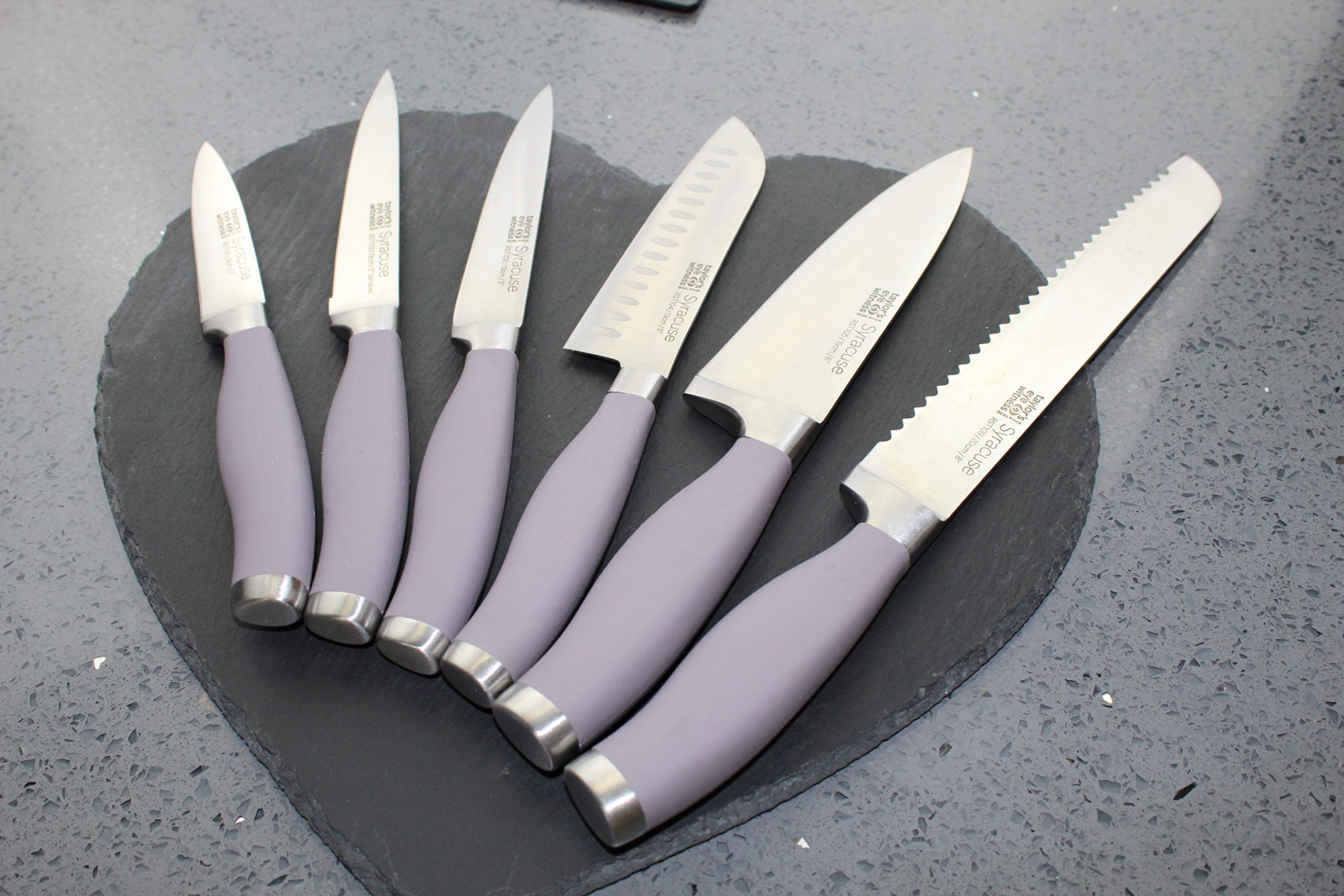 Taylors Eye Witness Syracuse Kitchen Knife 3pce Set - Paring 8cm/3.5β, Chefs 15cm/6β & Cooks All Purpose 13cm/5β Cutting Edge. Ultra Fine, Razor Sharp Blade. Soft Textured Grip Berry Colour Handle