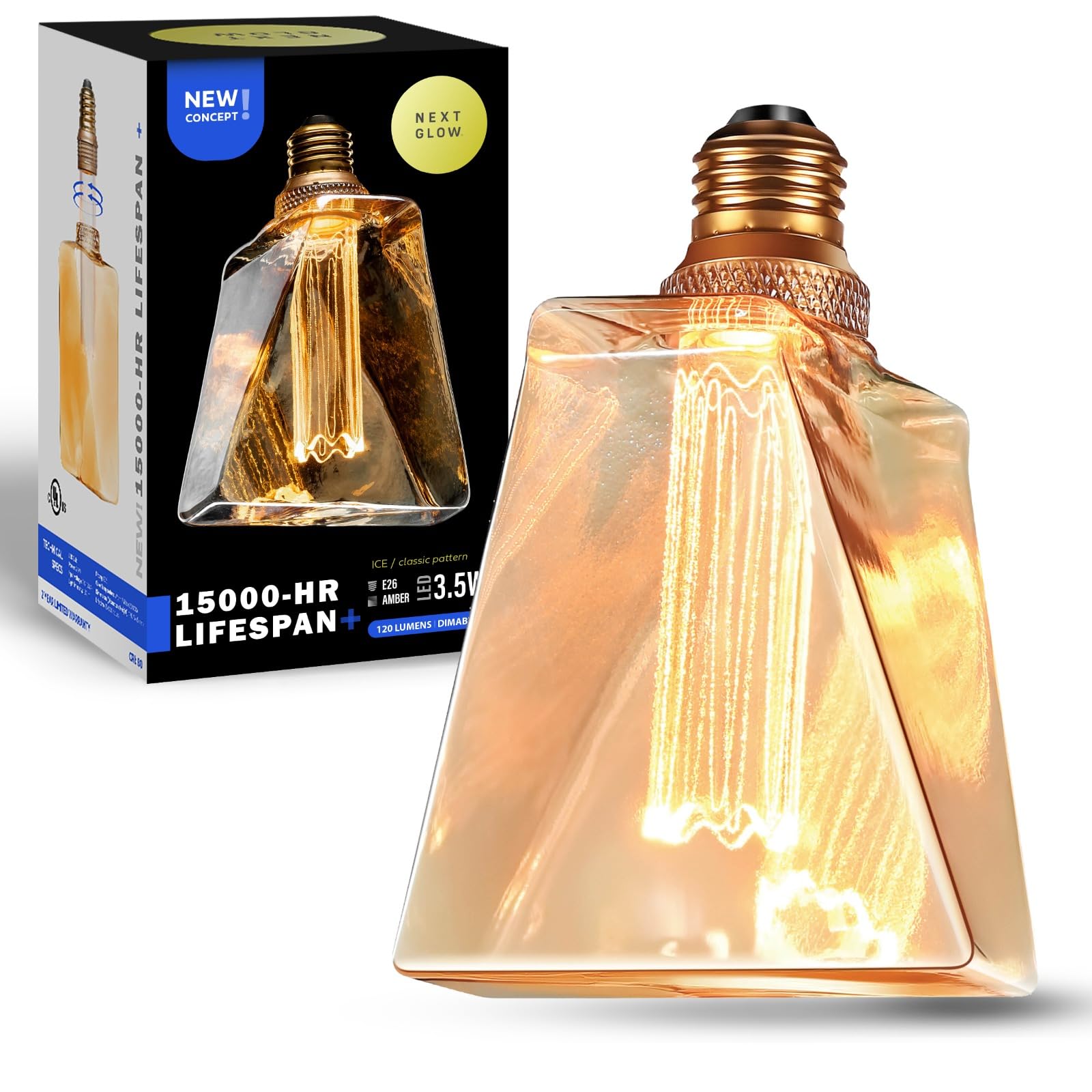 Next Glow Decorative Light Bulb ICE Style Shaped E26 Edison Bulb Medium Base, Dimmable, 4W Amber 2000K Soft Warm Vintage Edison Light Bulb, with Acrylic Inner Pillar Unique Light Bulbs for Home