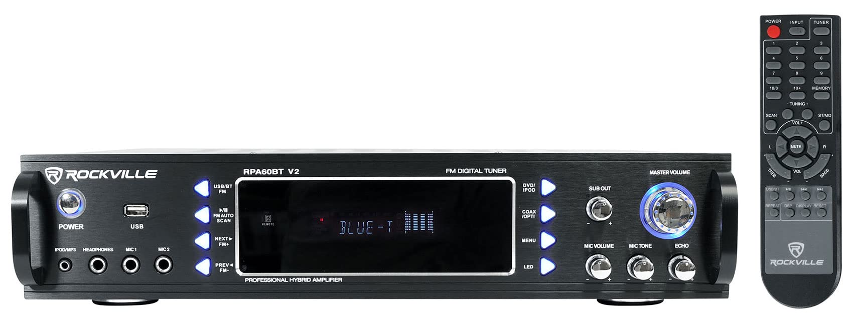Rockville RPA60BT V2 1000 Watt 2-Ch USB Bluetooth DJ/Pro/Karaoke Amplifier Mixer, Black