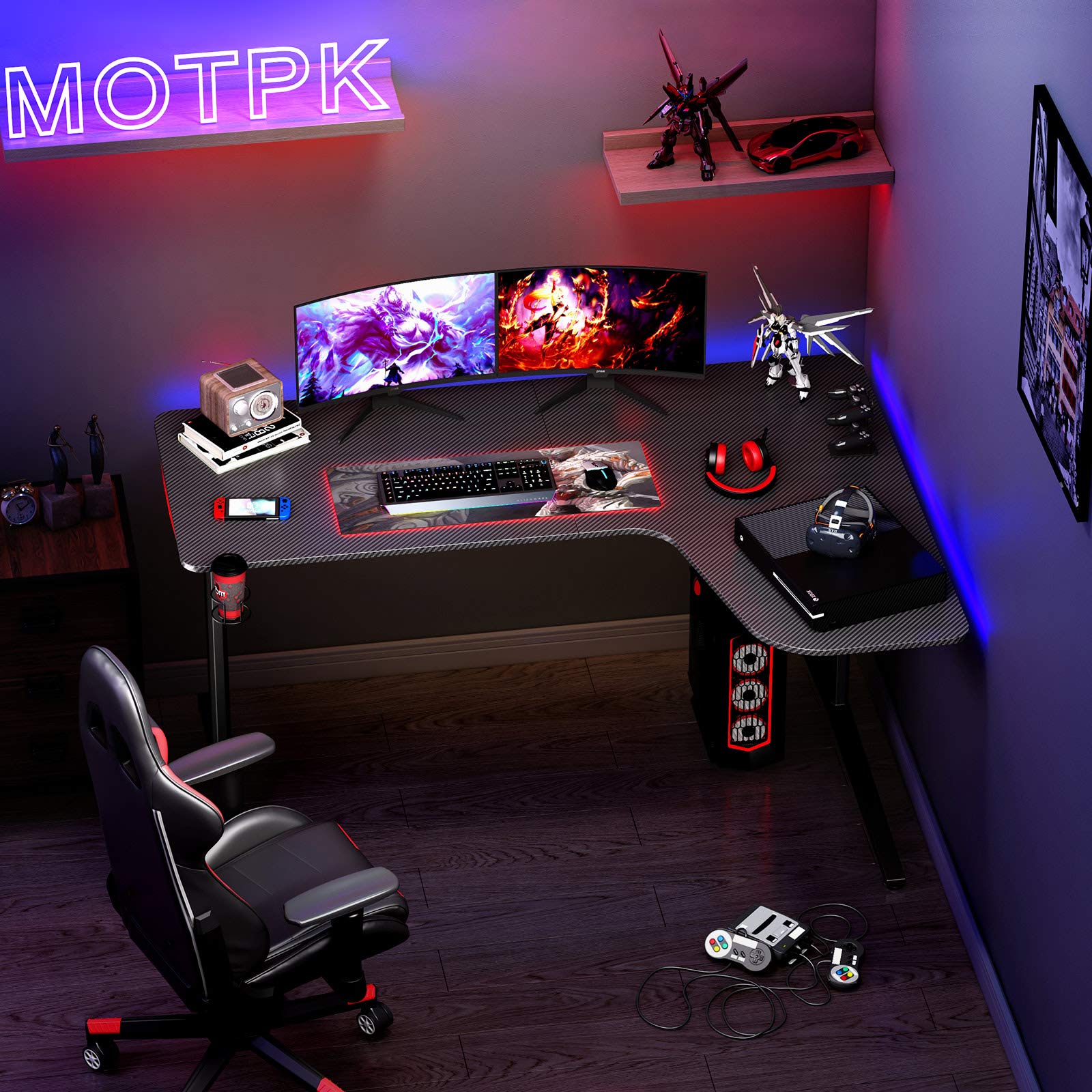 MOTPK Large L-Shaped Gaming Desk, 60 inch Corner Computer Gaming Desk, Writing Studying Table PC Laptop Workstation for Home Office, with Mouse Pad and Cup Holder