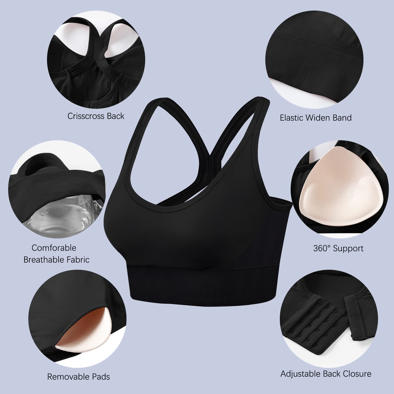 Unaikoo Sport Bras for Women, Soft Padded Breathable Adjustable Seamless Comfort for Running Workout Yoga Bra Black