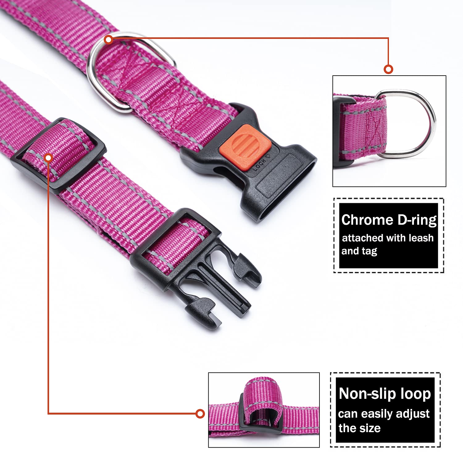 Reflective Dog Collar with Buckle Adjustable Safety Nylon Collars for Small Medium Large Dogs, Pink S