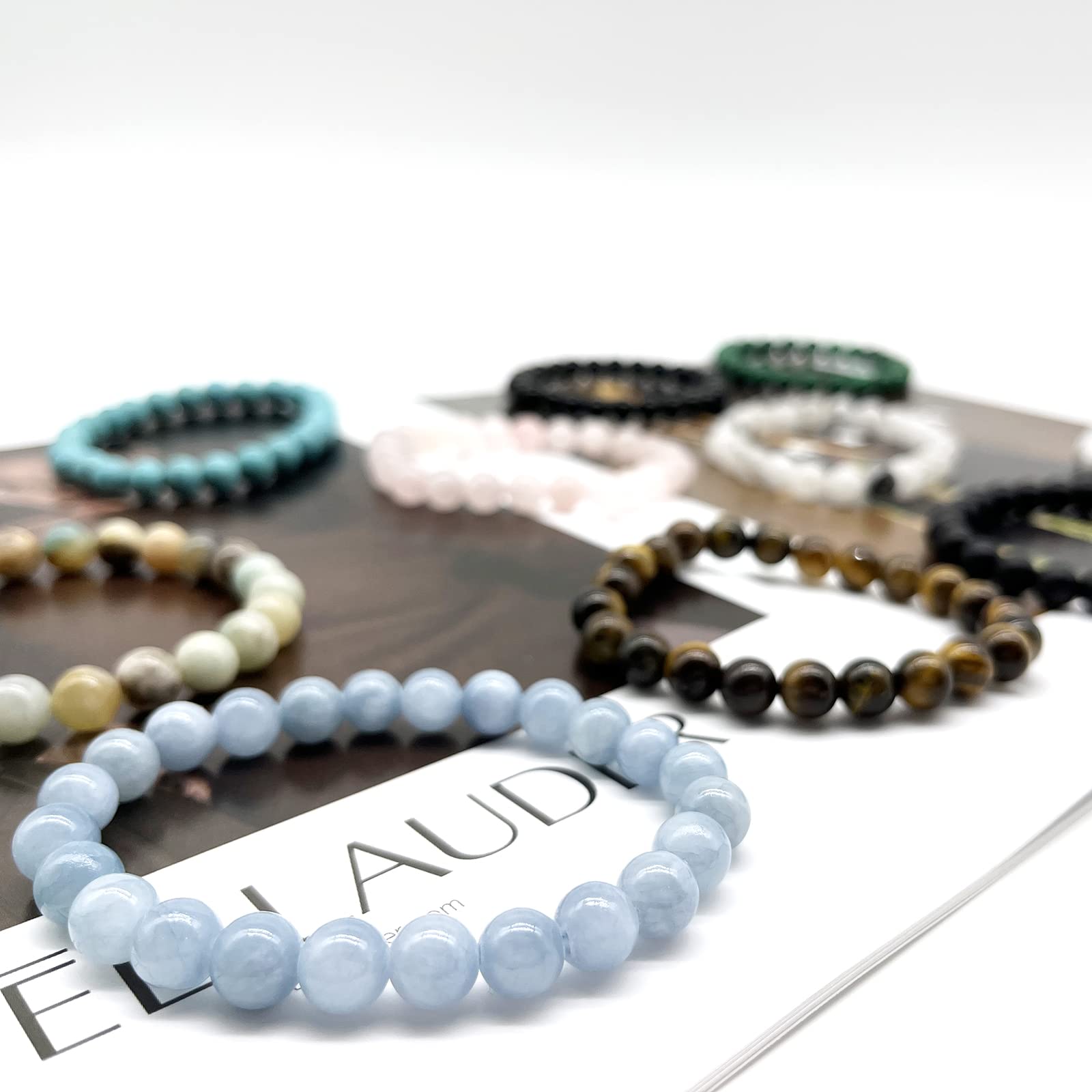SROBENZ 14 Pcs 8mm Gemstone Crystal Beaded Bracelets for Men Women Stone Healing Bead Semi-Precious Stretch Round Bead Bracelets Unisex