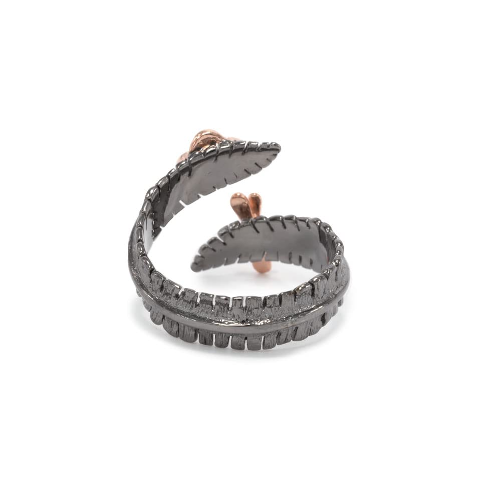 New Beginnings by Janyl Adair - Black Rhodium & Rose Gold Plated .925 Sterling Silver White Zircon 5/8" Flower & Dragonfly Fern Leaf Bypass Style Statement Ring - Size 10