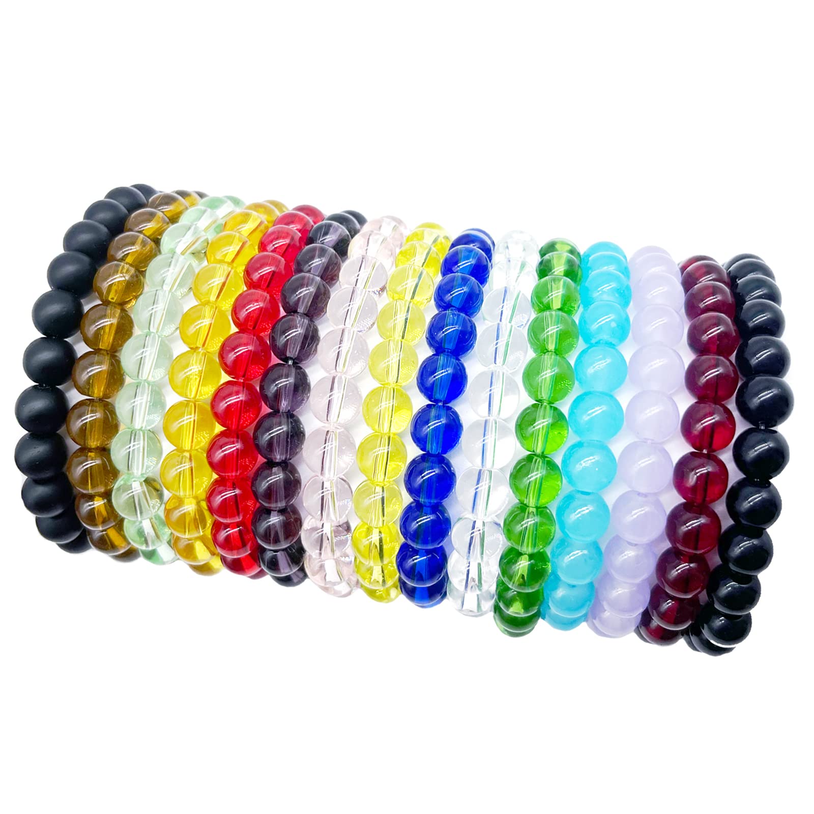 SROBENZ 15 PCS Crystal 8mm Round Beaded Bracelet Set Healing Glass Stretch Bracelets for Women Men Round Beads Elastic Bracelets