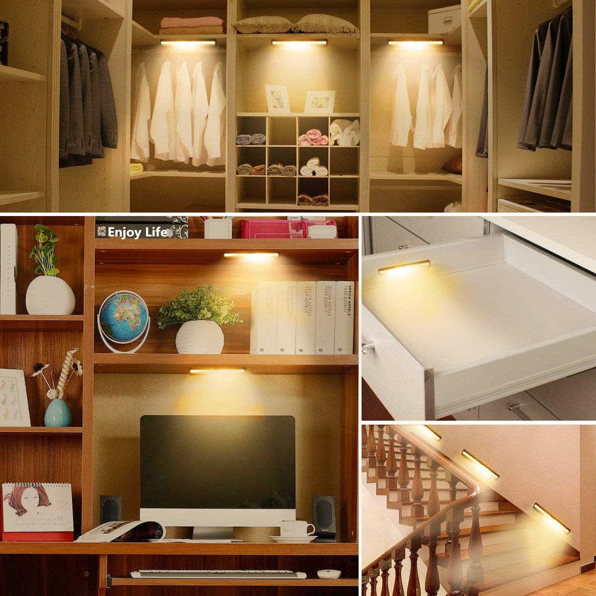 Motion Sensor Cabinet Light,Under Counter Closet Lighting, Wireless USB Rechargeable Kitchen 18 LED Warm Lights,Battery Powered Operated Light, Stick On Lights for Wardrobe,Cabinet,Cupboard (2Pack)