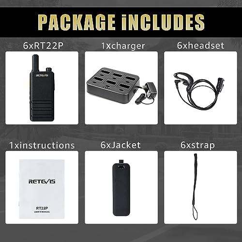 Retevis RT22P,New Version of RT22(2.0),Portable 2 Way Radio with Earpiece,1620mAh Battery,USB-C,Rechargeable Walkie Talkies(6 Pack) with 6 Way Multi Gang Charger,for Church Security School Warehouse