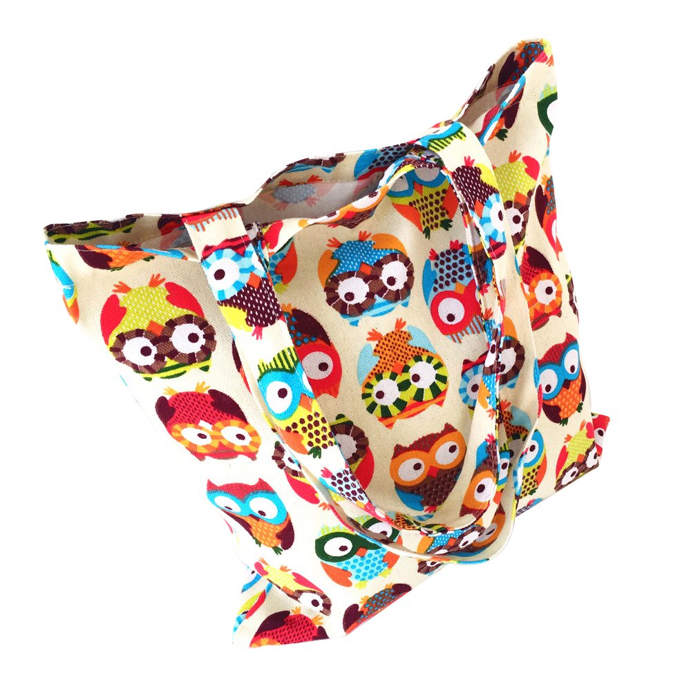 Nuni Women's Cute Owl Print Cotton Canvas Tote Bag, Colorful Owl/ No Closure, Medium