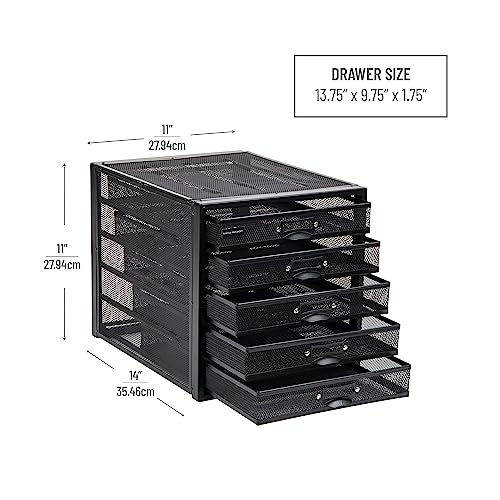 Mind Reader File Storage Drawers, Desk Organizer, Multi-Purpose, Crafts, Office, Metal Mesh, 11"L x 14"W x 11"H, Black, 5 Drawer