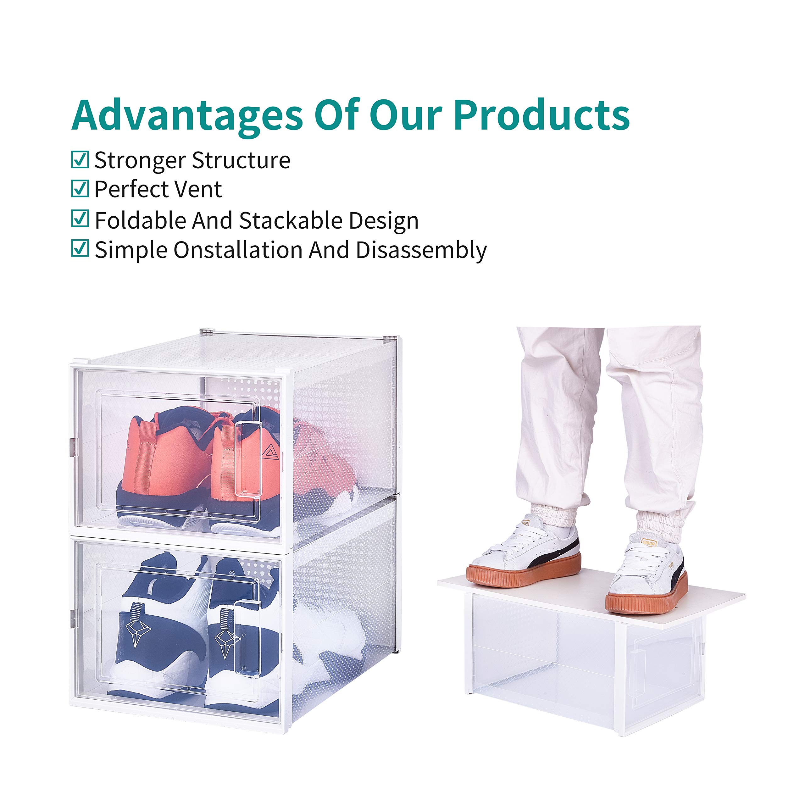 PARANTA Clear Shoe Storage Box, Plastic, Foldable And Stackable, Set Of 8, For Storage And Display Of Men And Women Shoes, White (Medium)