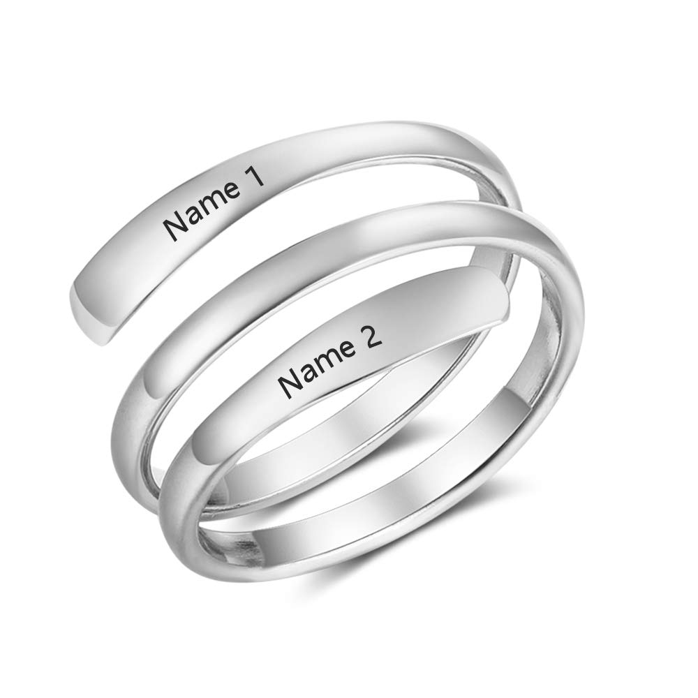 Personalized BFF Wrap Rings Free Engraving 2 Name Rings for Women Adjustable Couple Rings Promise Rings (silver)