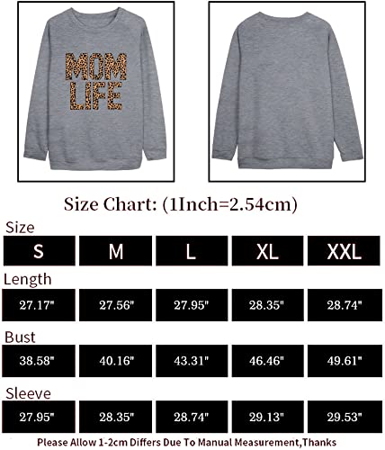 MOUSYA Mom Life Tops Women Mom Letter Printed Sweatshirt Leopard Graphic Casual Long Sleeve Crew Neck Pullover Tops (Medium, A_grey)