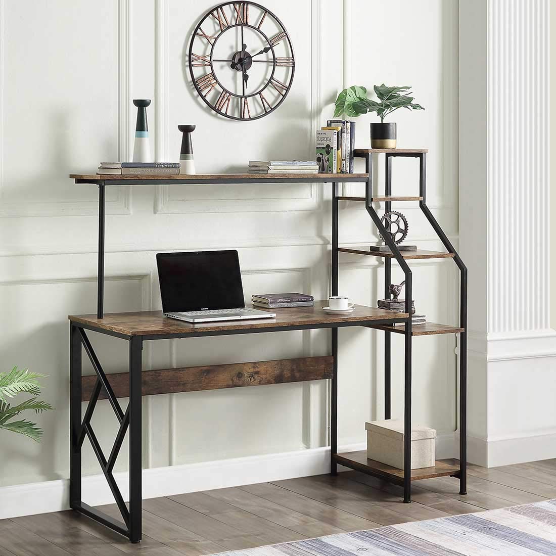 NICESOUL L-59'' Home Office Computer Desk with Hutch and Shelf Computer Table Metal Frame Dark Walnut Wooden Desktop New Modern Design (59''L- Black Walnut)…